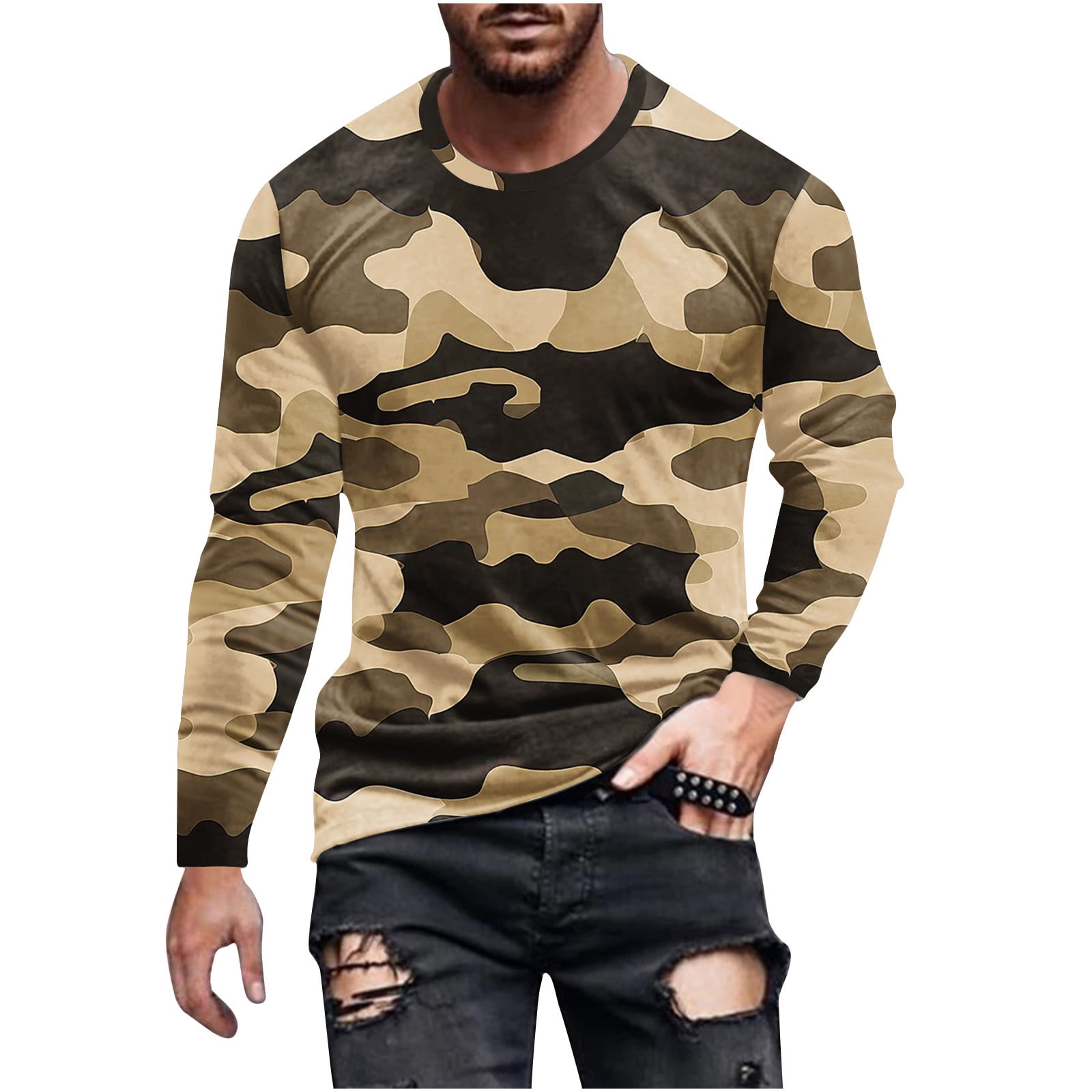 VERUGU Mens Casual Long Sleeve Camouflage Shirts Fashion Fall Crew Neck ...