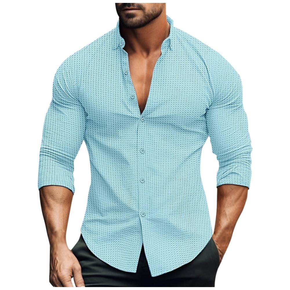 VERUGU Mens Dress Shirts Slim Lapel Long Sleeve Solid Work Formal Shirt ...