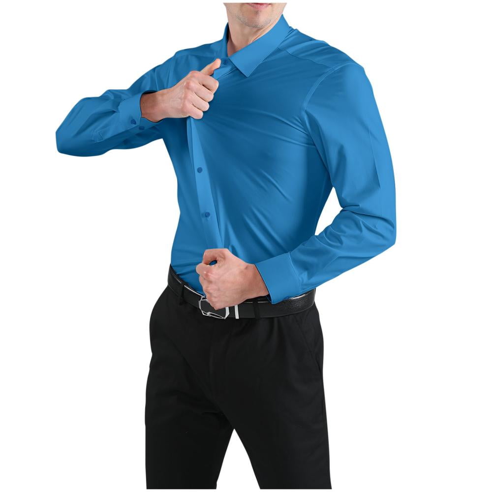 VERUGU Mens Dress Shirts Stretch Slim Lapel Long Sleeve Solid Trendy ...