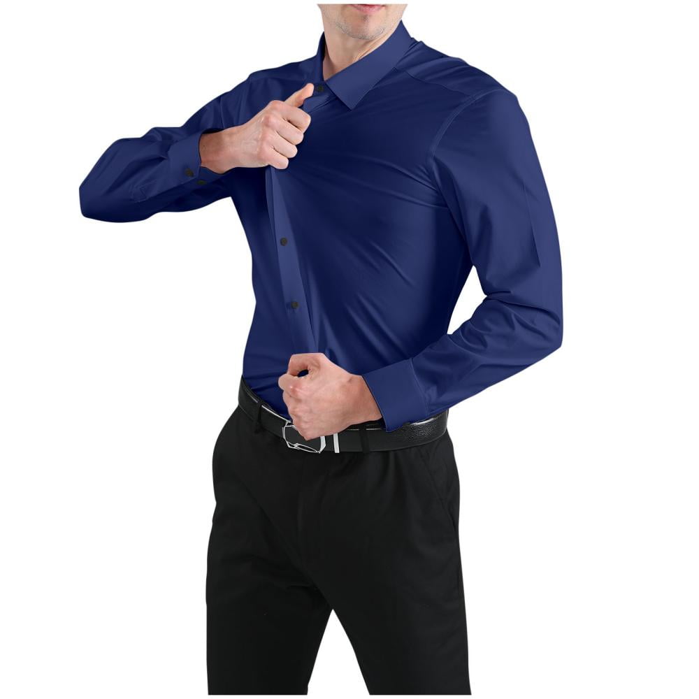 VERUGU Mens Dress Shirts Stretch Slim Lapel Long Sleeve Solid Trendy ...