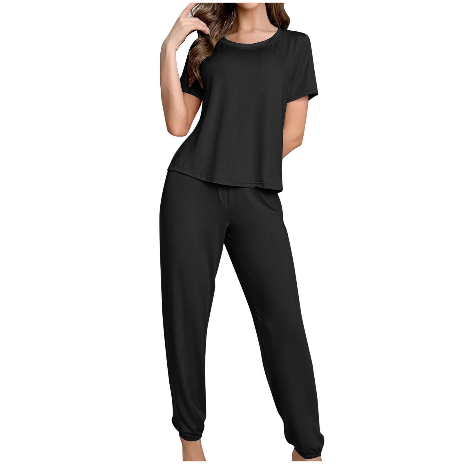 VERUGU Pajamas for Women Set Casual Silk Pjs Loose Short Sleeve Top ...