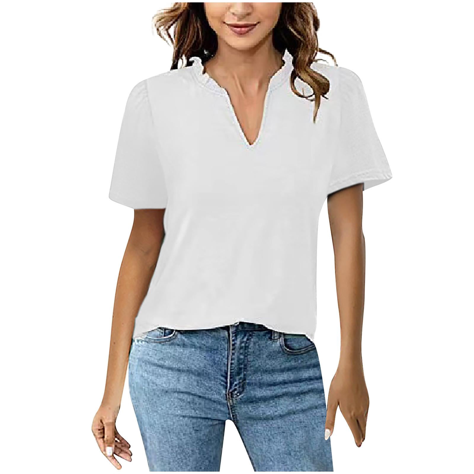 VERUGU Short Sleeve Blouses for Women Business Casual Elegant Solid V ...