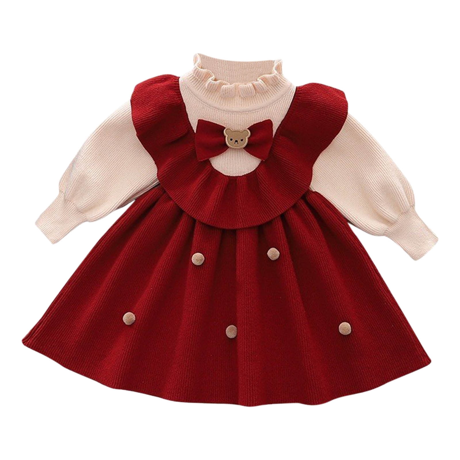 VERUGU Toddler Dress Girls Baby Cute Fleece Warm Lace Patchwork Bow ...