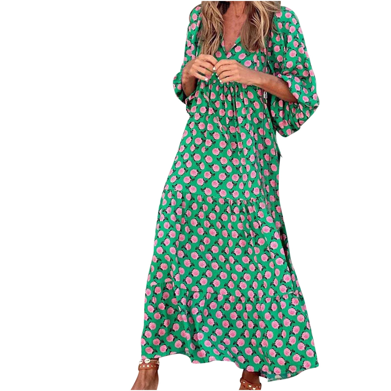 VERUGU Women Boho Floral Puff Sleeve Tiered Maxi Dress Casual Layered ...