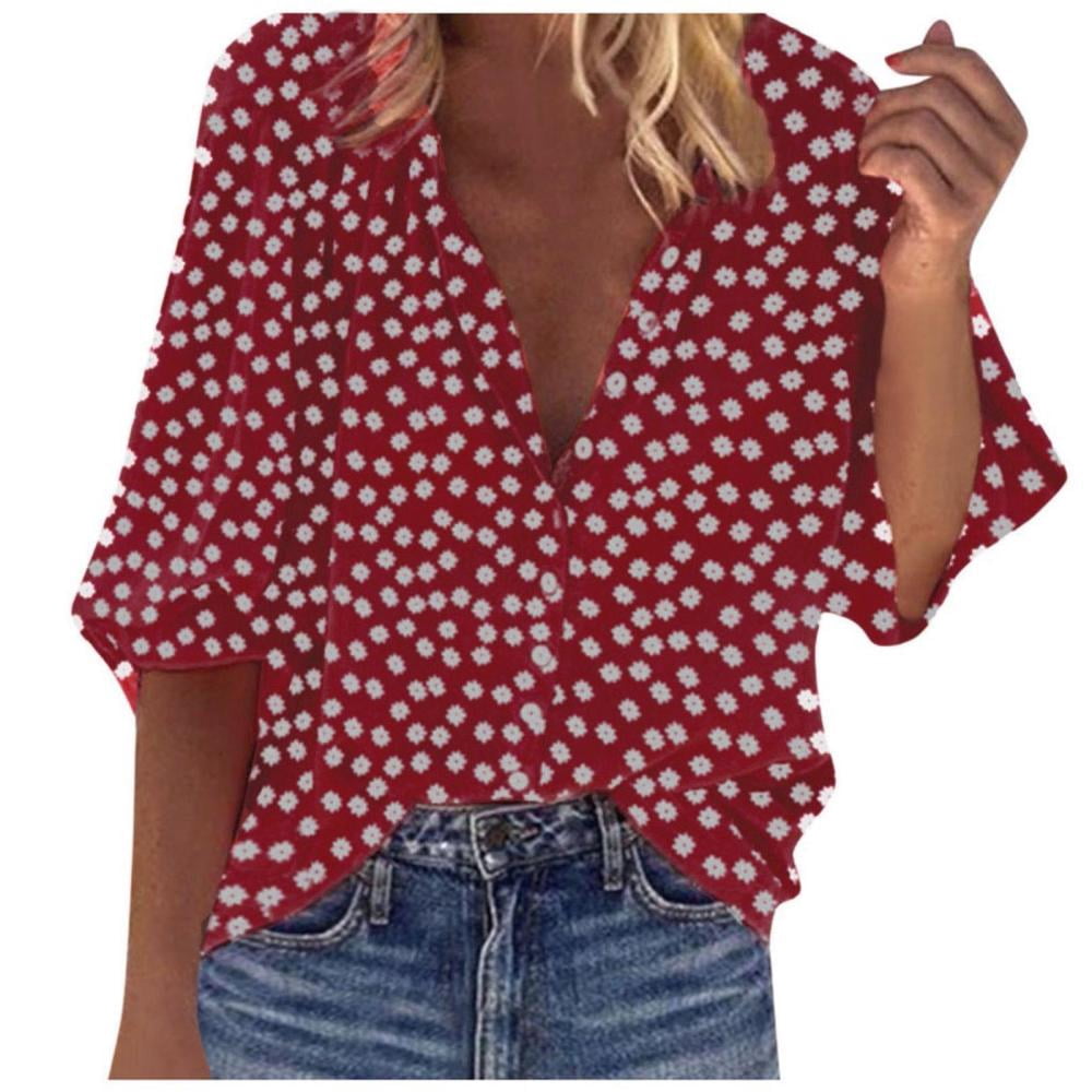 VERUGU Women Half Sleeve Button Down Blouse Shirts Casual Loose Office ...