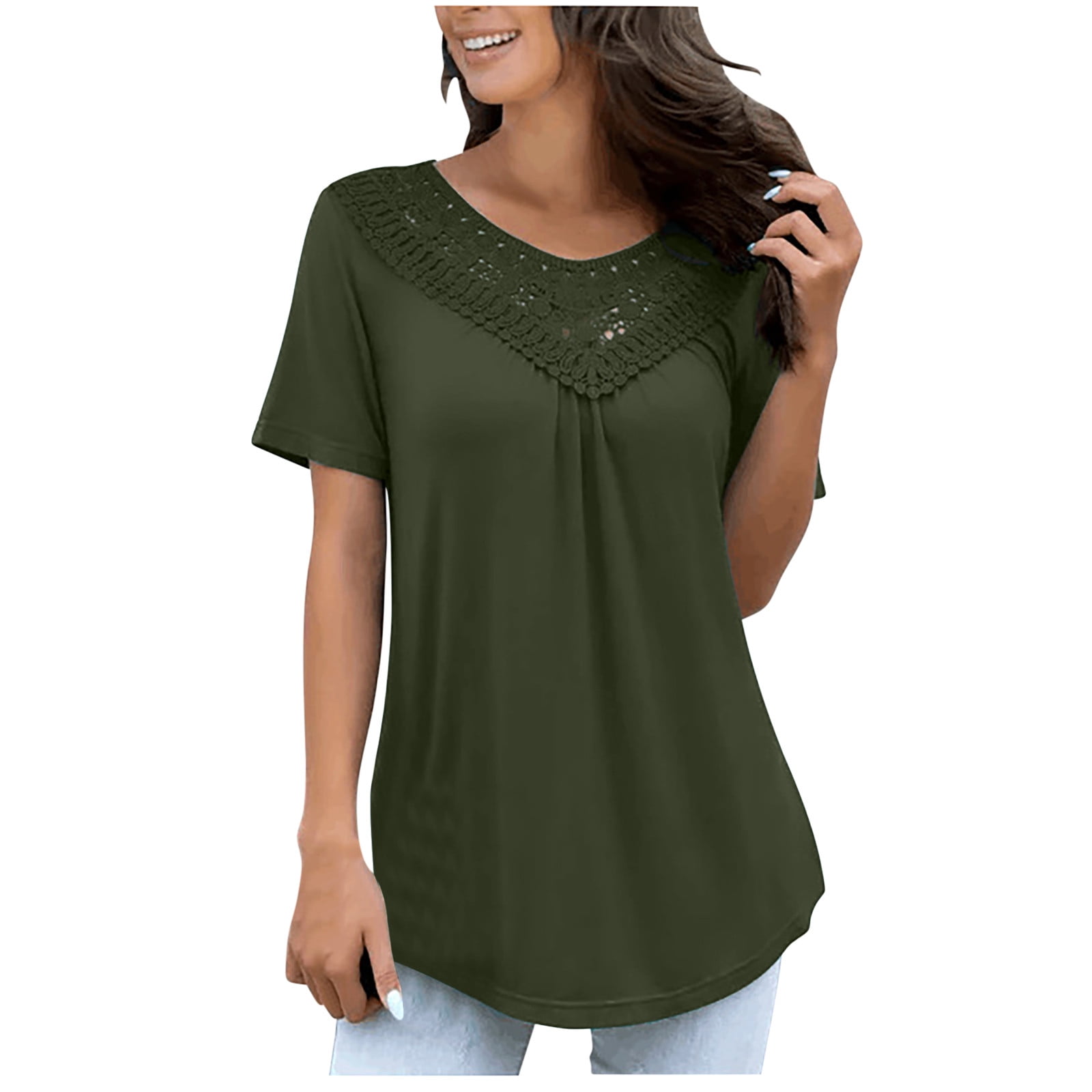 VERUGU Women's Plus Size Summer Tops Short Sleeve Lace Pleated Solid ...