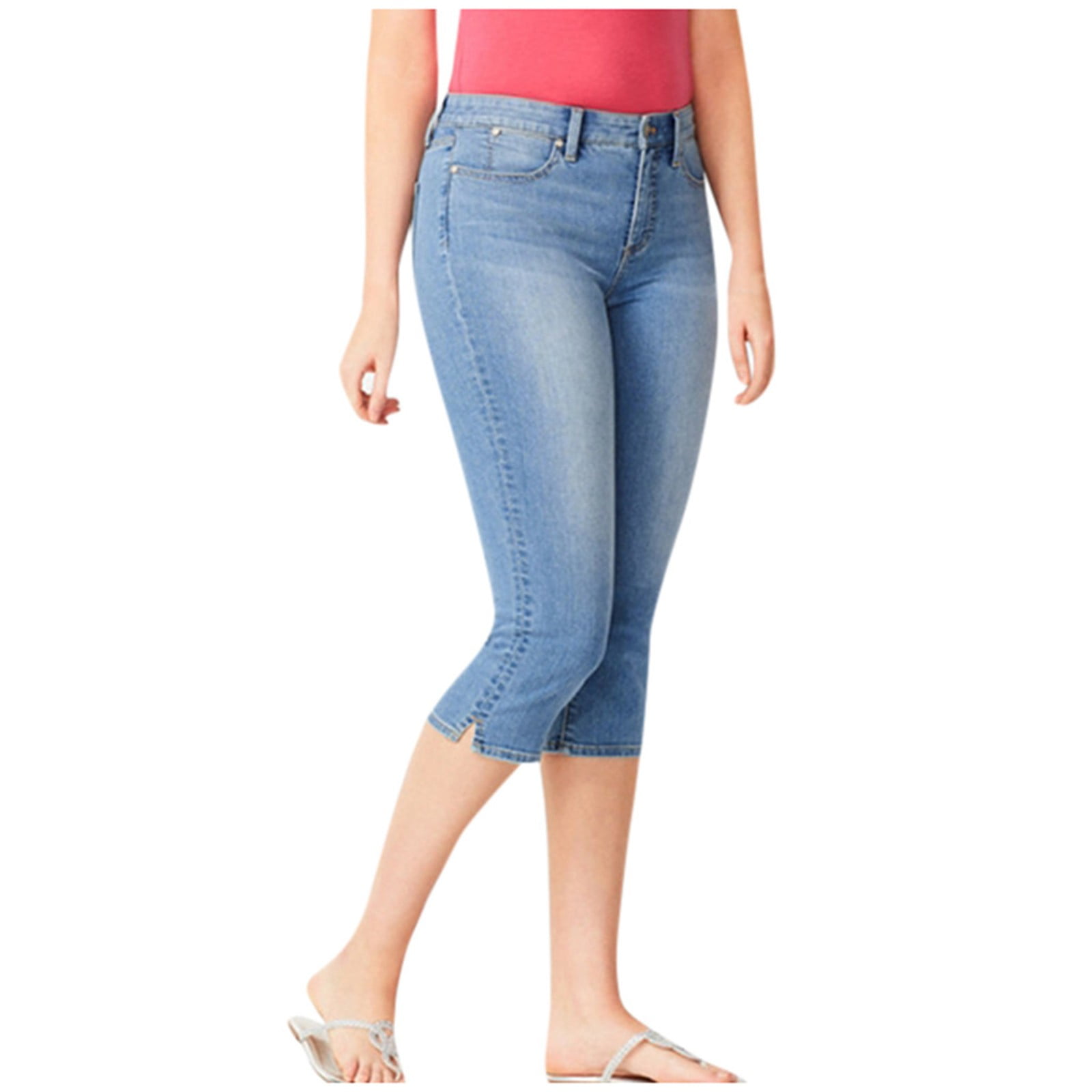 VERUGU Womens Jeans Mid Waisted Slim Capri Pants Casual Stretchy Solid ...