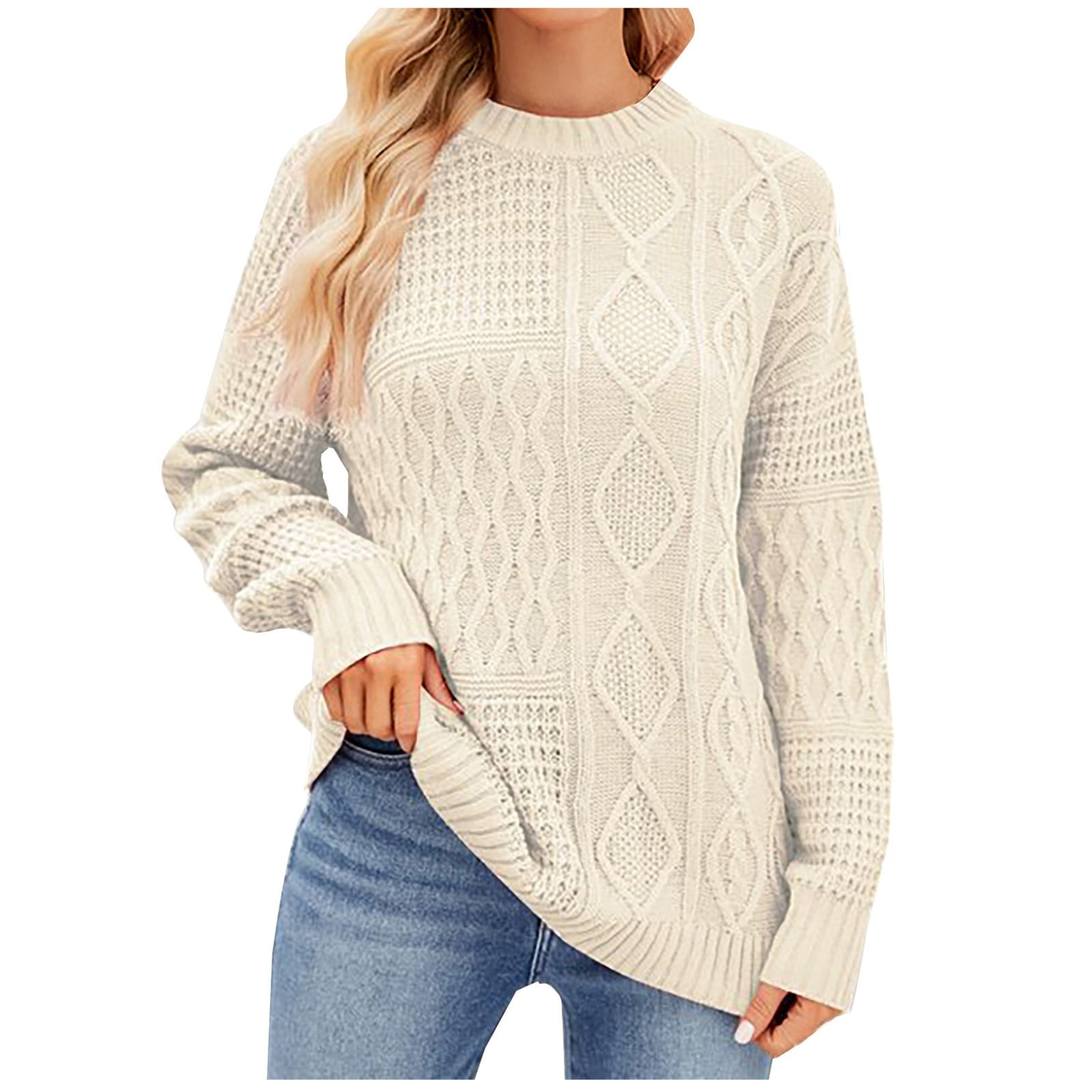 VERUGU Womens Sweaters Winter Solid Round Neck Long Sleeve Knitted ...