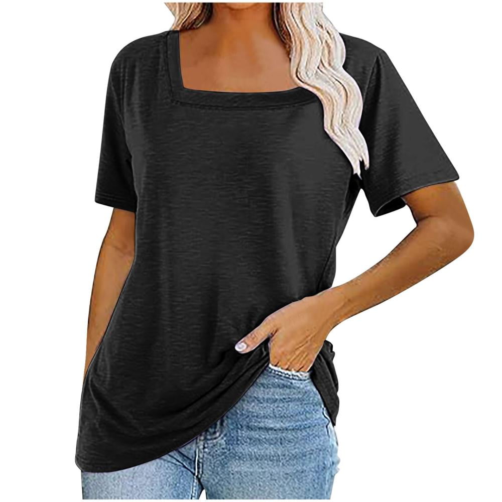 VERUGU Womens Tops Short Sleeve Square Neck Shirts Summer Solid ...