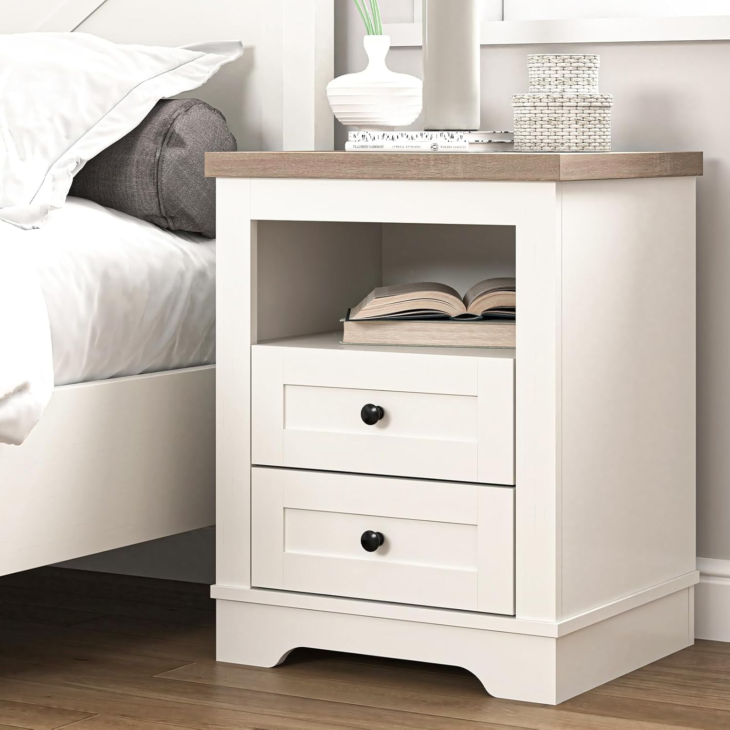 VERYKE 2 Drawers Night Stand with Open Shelf,Farmhouse Bedside Table with Storage,Wooden Side ...
