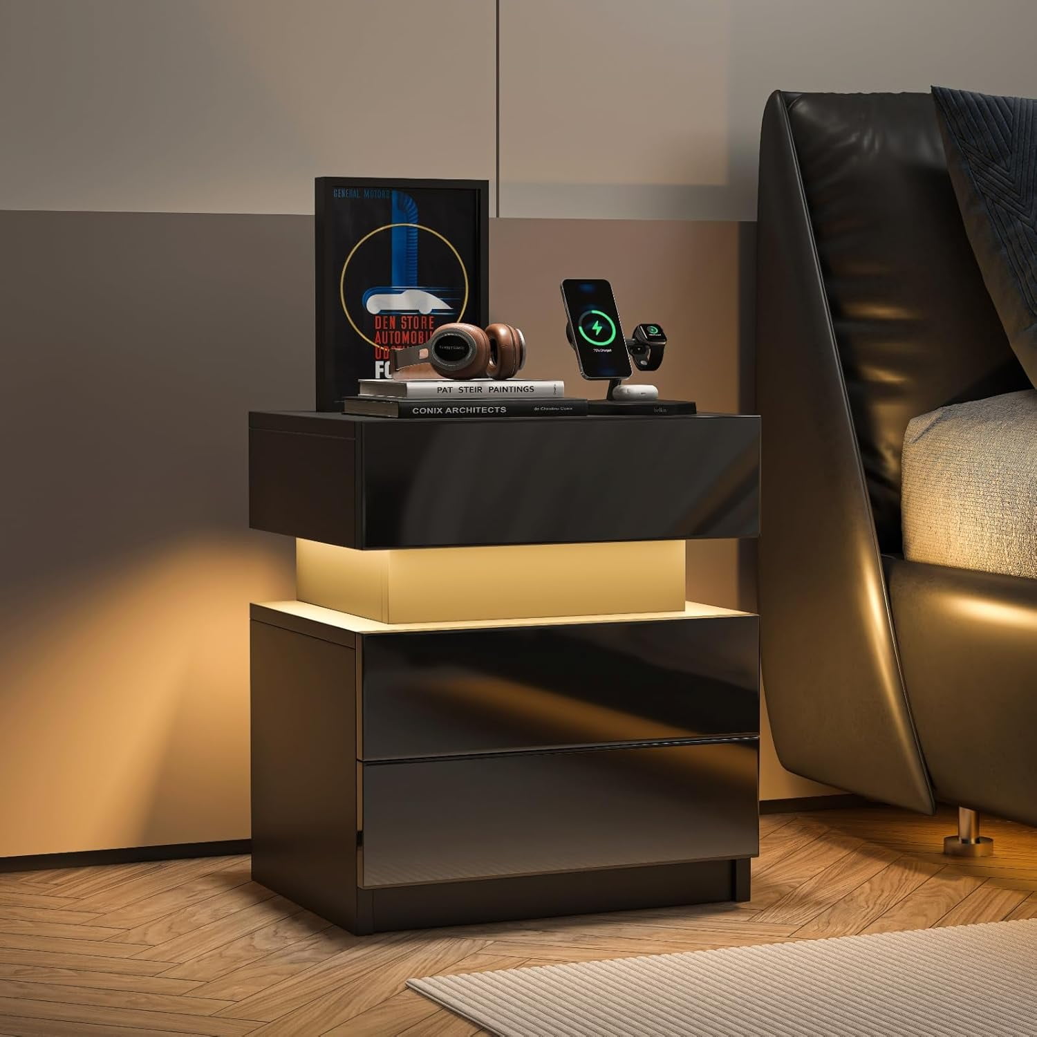 VERYKE LED Nightstand with Flip Top,2 Drawers End Table with Adjustable Lights,High Gloss ...