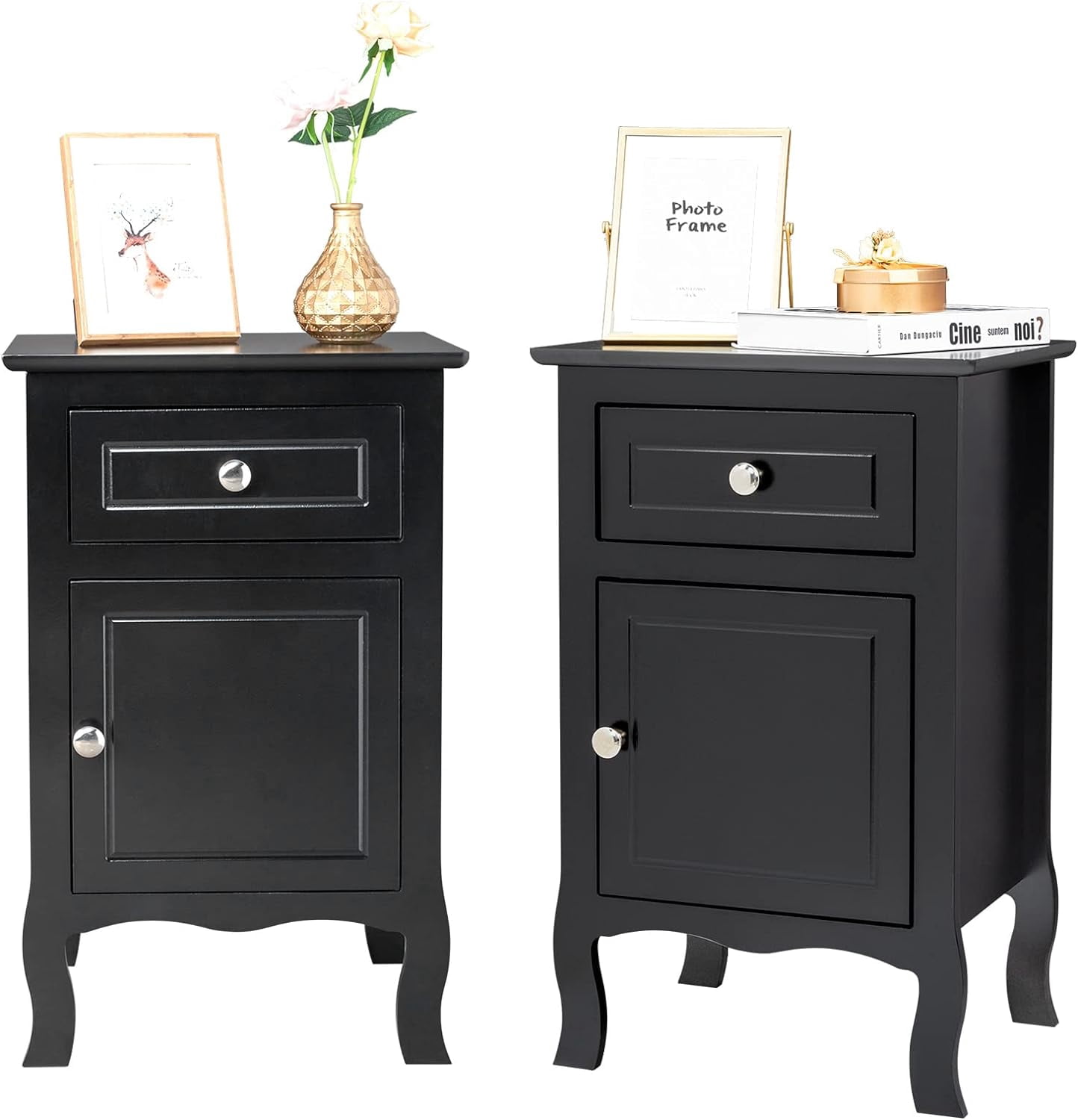 VERYKE Nightstand Set of 2 Small Bedside Table with Drawer and Cabinet Modern End Table Wood ...