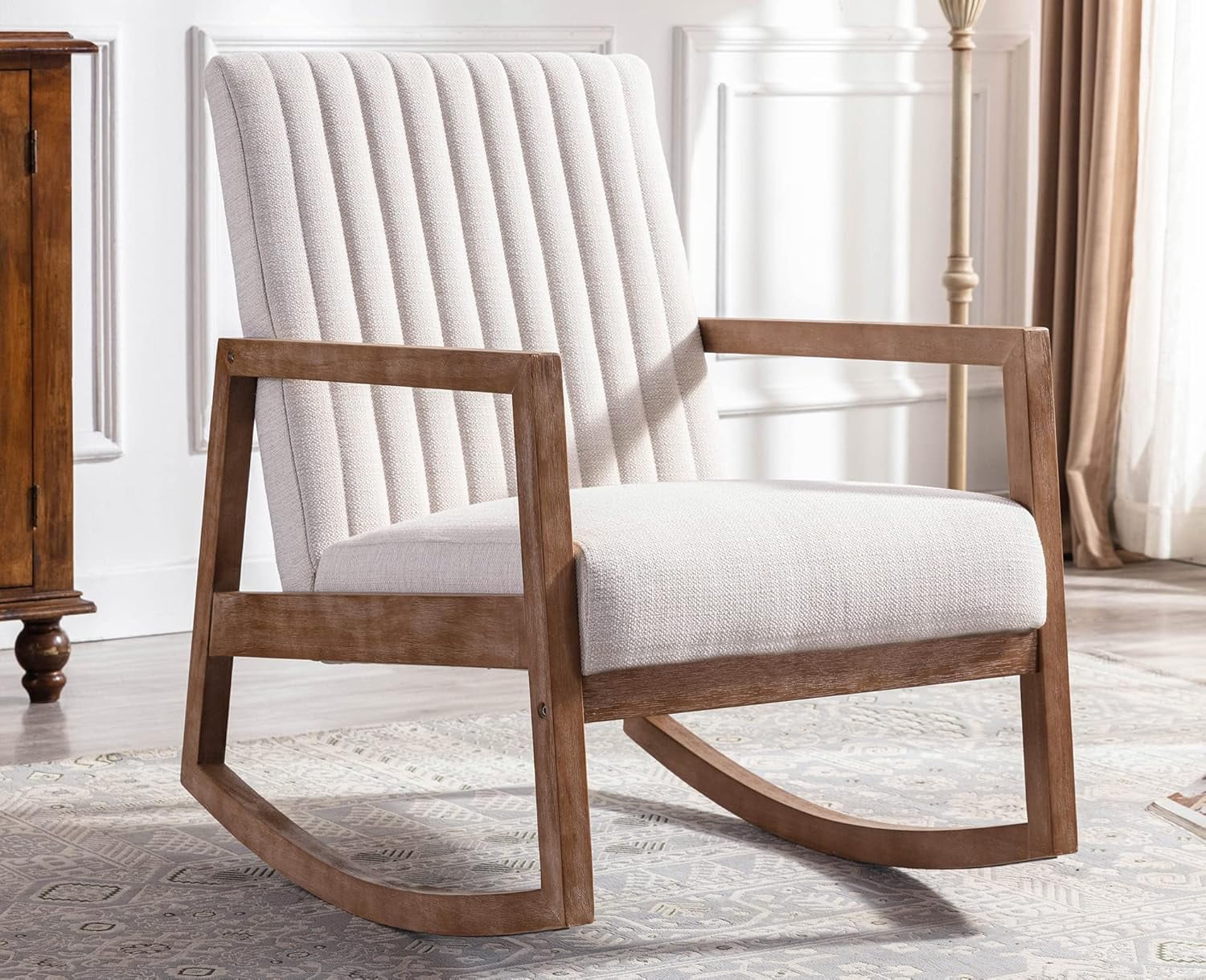 VESCASA Upholstered Linen Rocking Chair with Channel-Tufted Back, Mid ...