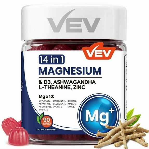VEV 14 in1 Magnesium_Complex_Gummies – with_Ashwagandha, L-Theanine, D3&Zinc – Cortisol ...