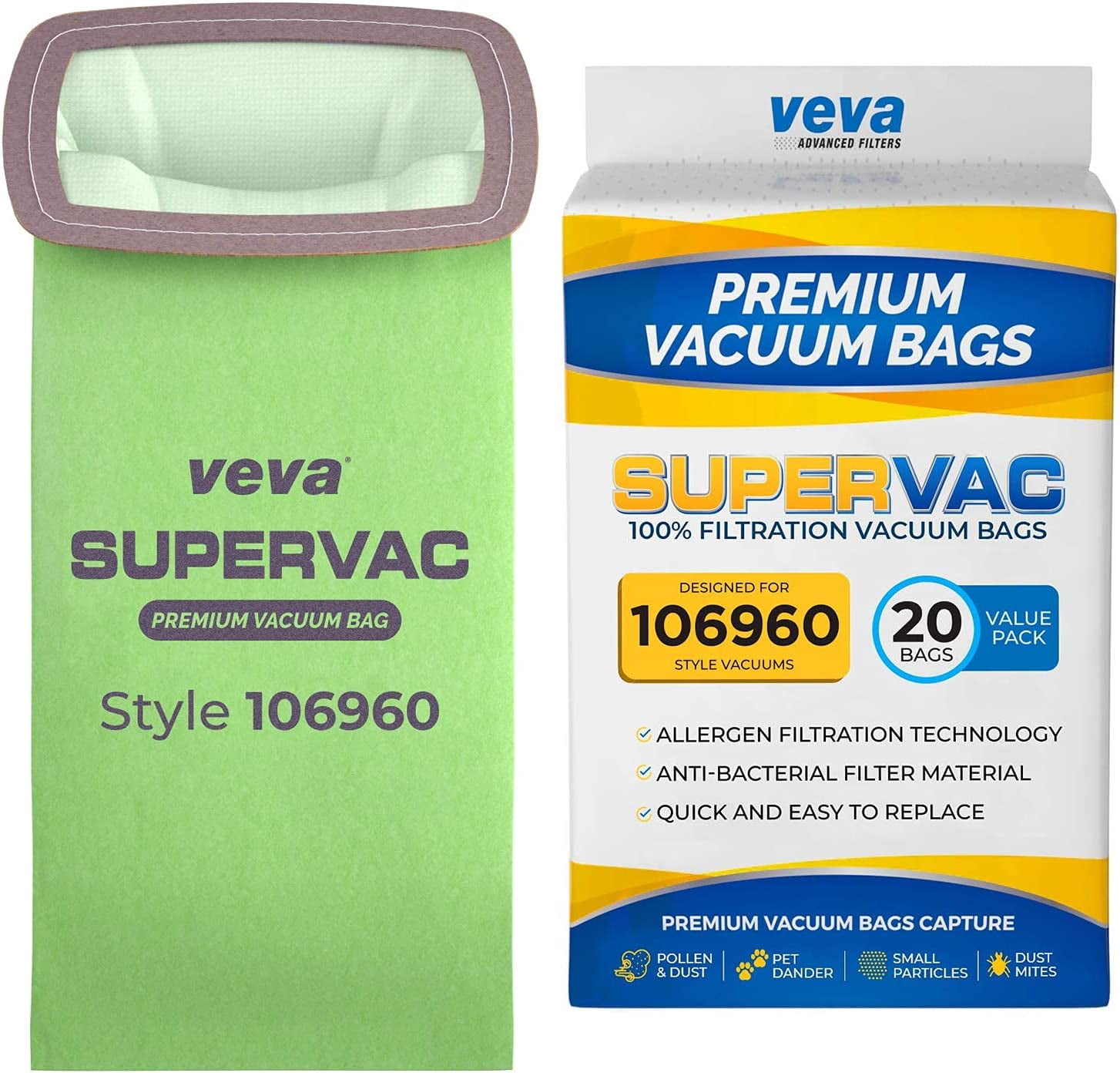 VEVA 20 Pack Premium SuperVac Vacuum Bags 106960-Vacuum Cleaner, 6 ...