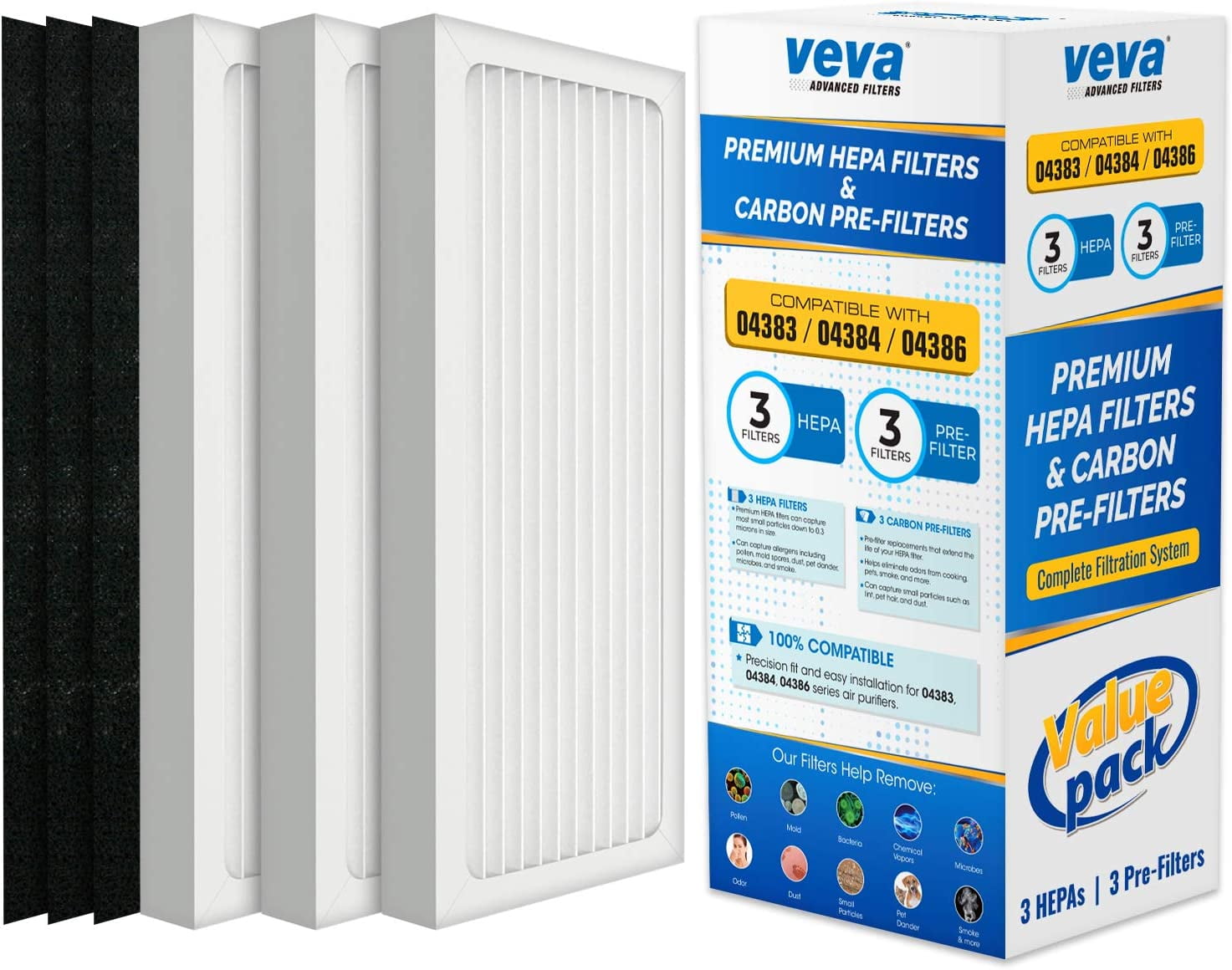 VEVA Premium 3 HEPA Filters & 3 Full-Size Carbon Pre-filters for ...