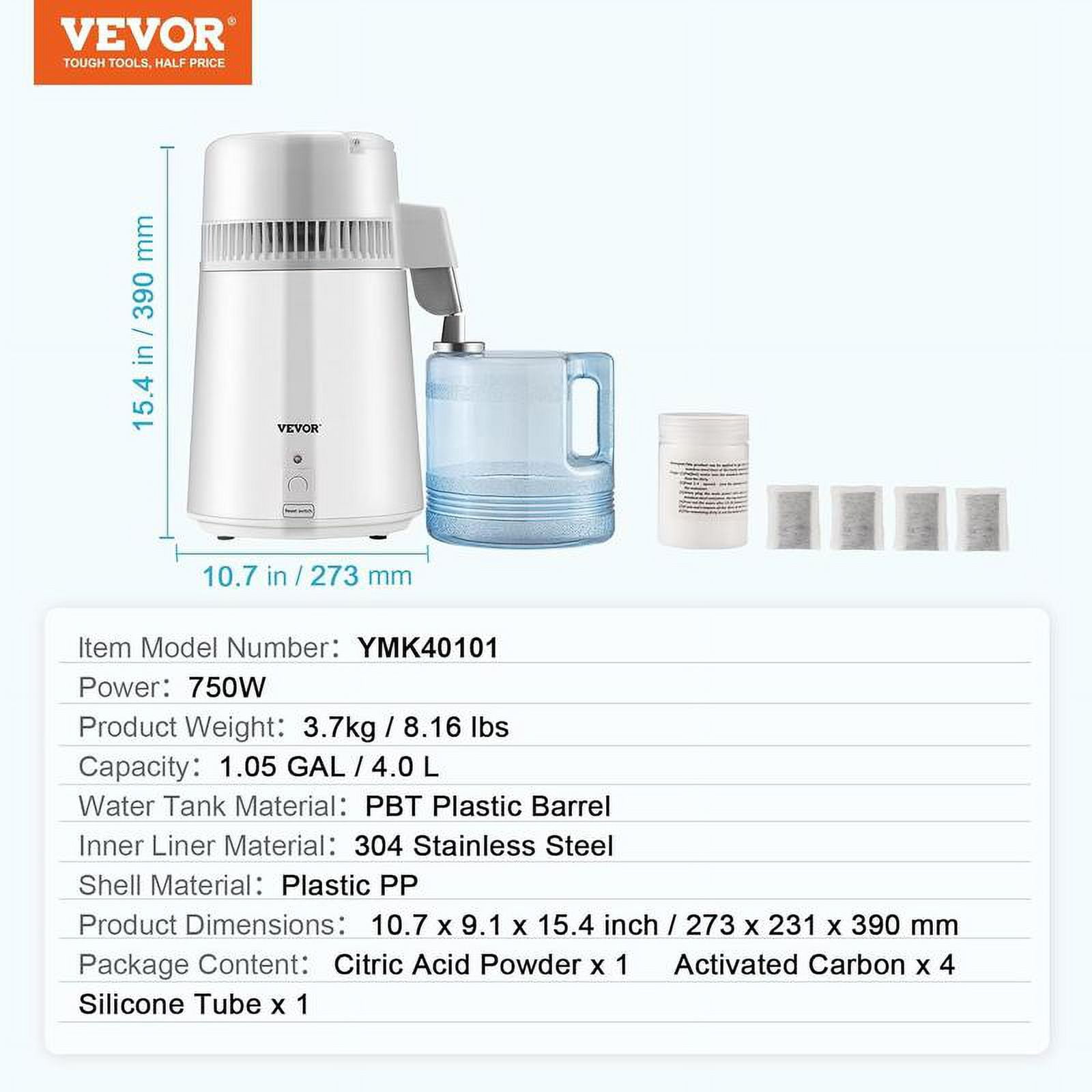 VEVOR 1.1 Gal Water Distiller - 750W Stainless Steel Countertop ...