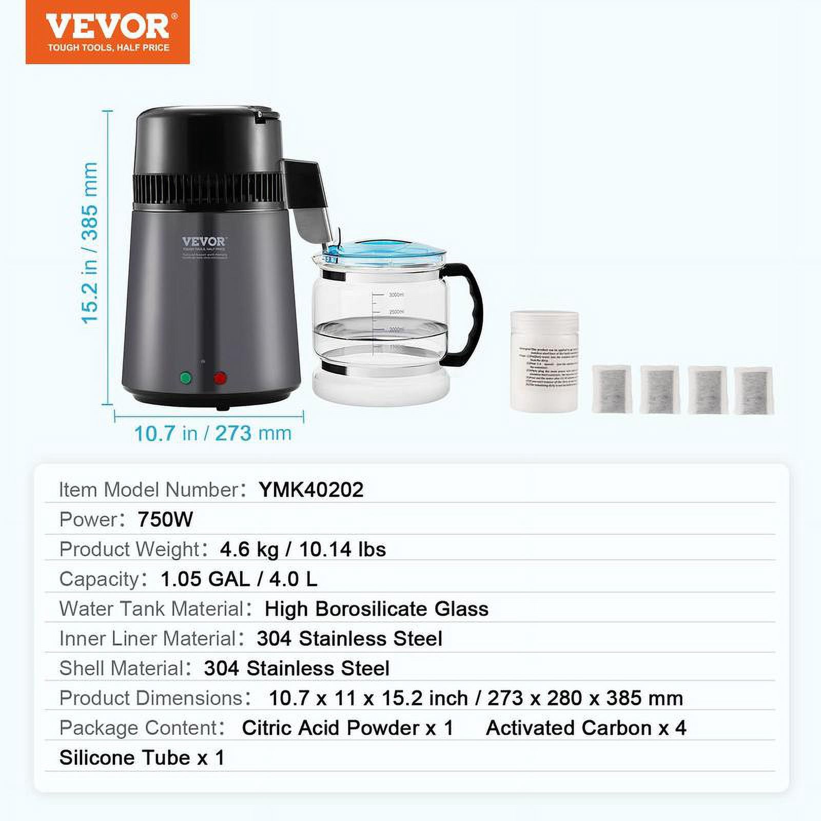 VEVOR 1.1 Gal Water Distiller, 750W Distilled Water Maker Machine 0-99H ...