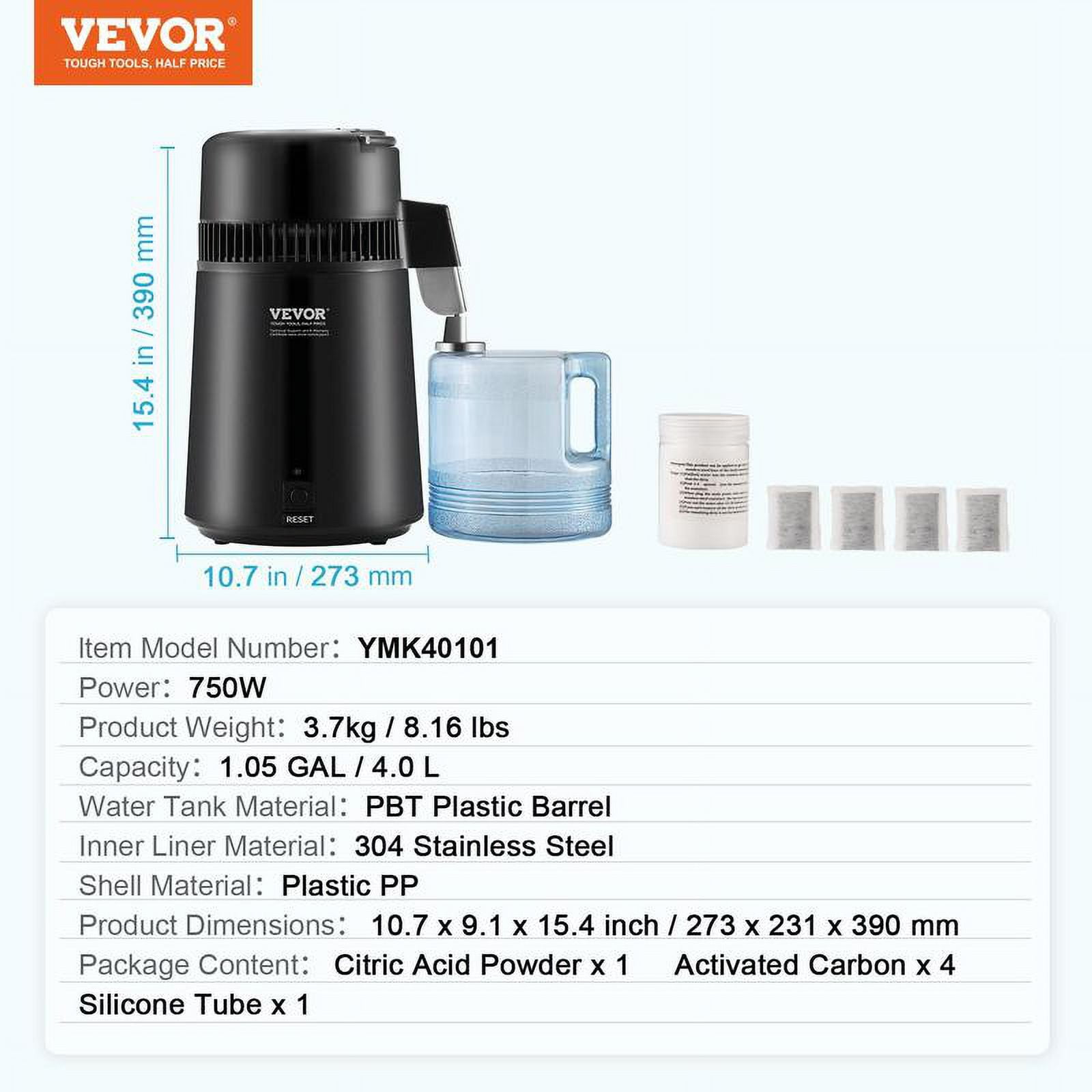 VEVOR 1.1 Gal Water Distiller, 750W Distilled Water Maker Machine 0-99H ...