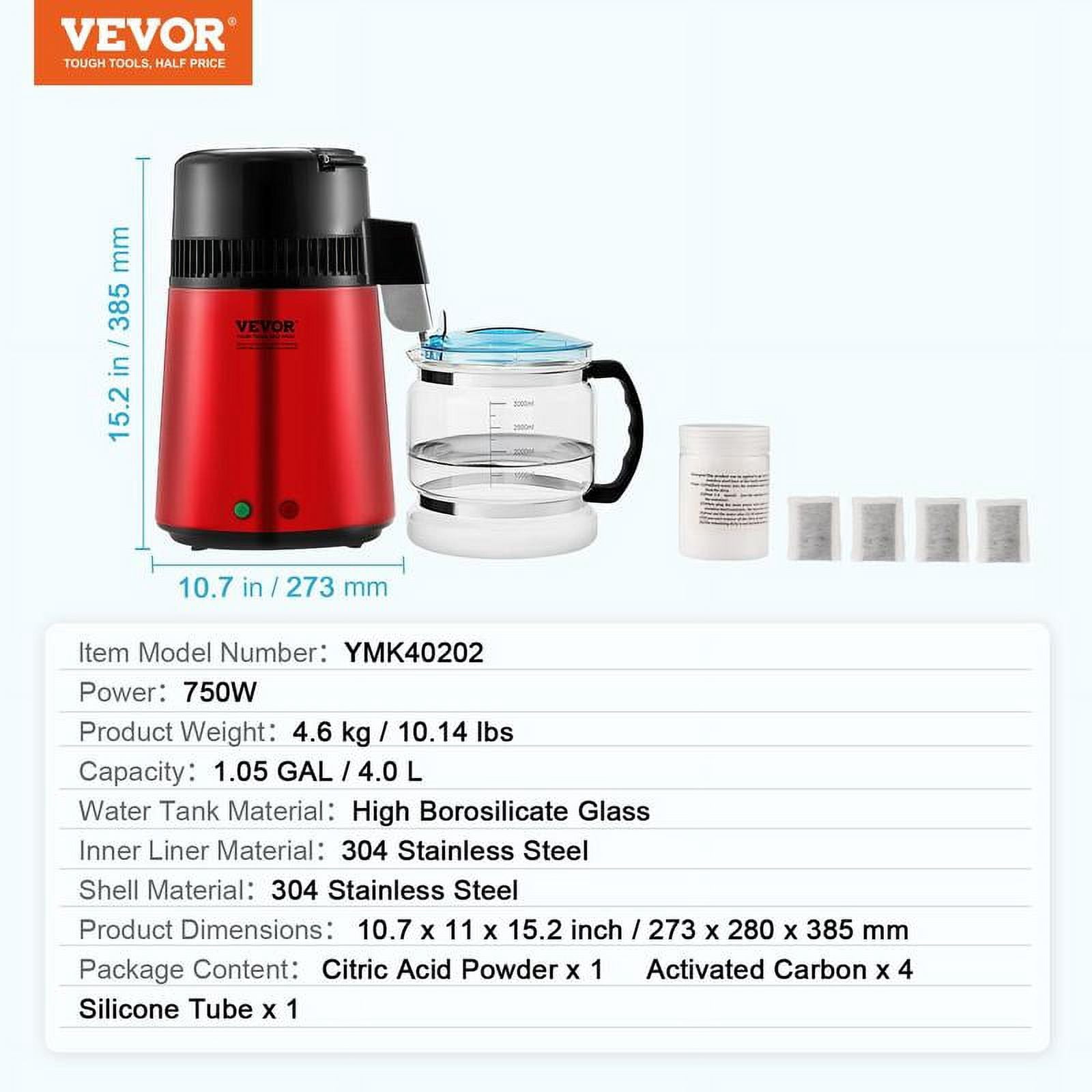 VEVOR 1.1 Gal Water Distiller, 750W Distilled Water Maker Machine 0-99H ...