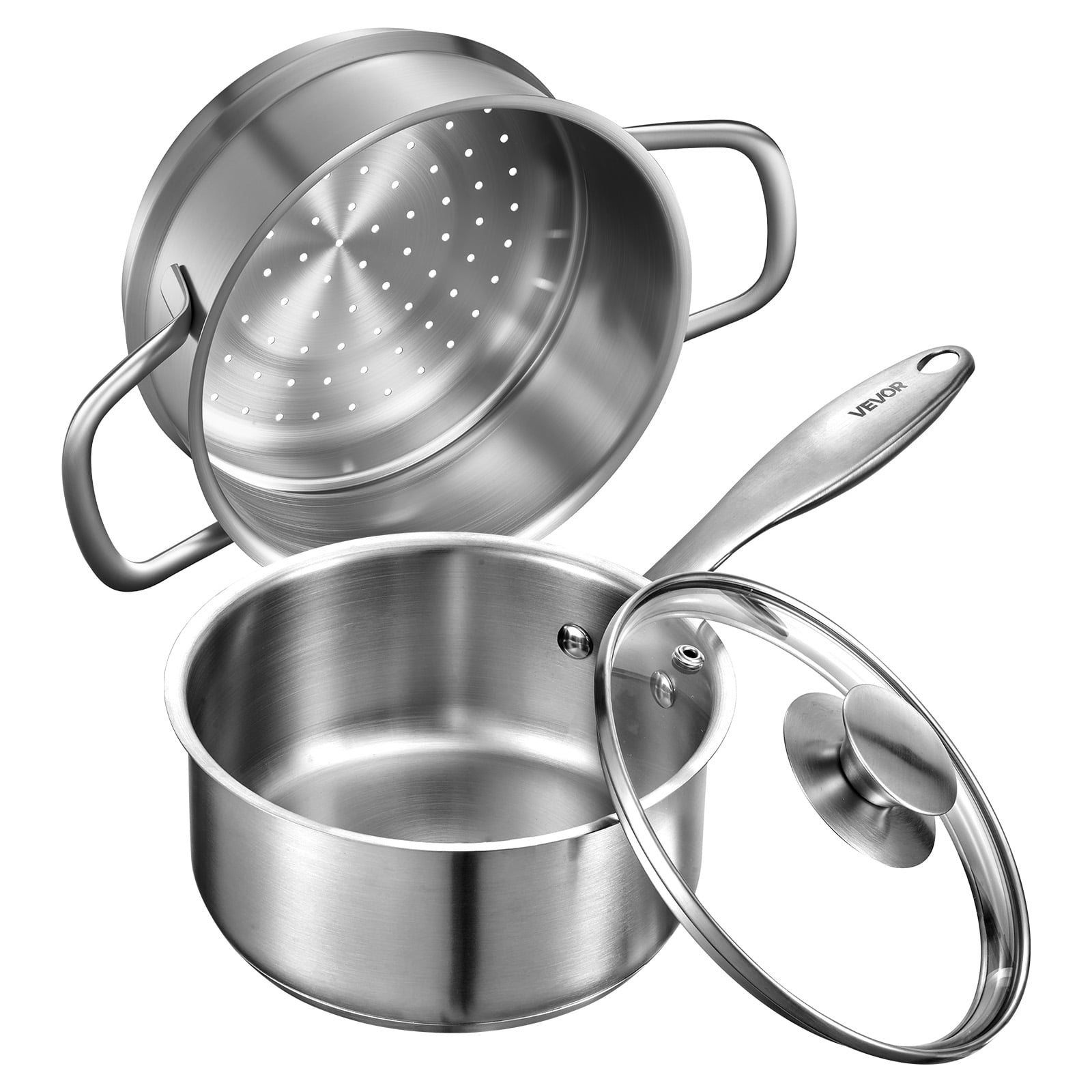 VEVOR 1.5 QT Saucepan with Steamer, Stainless Steel Saucepan with Glass ...