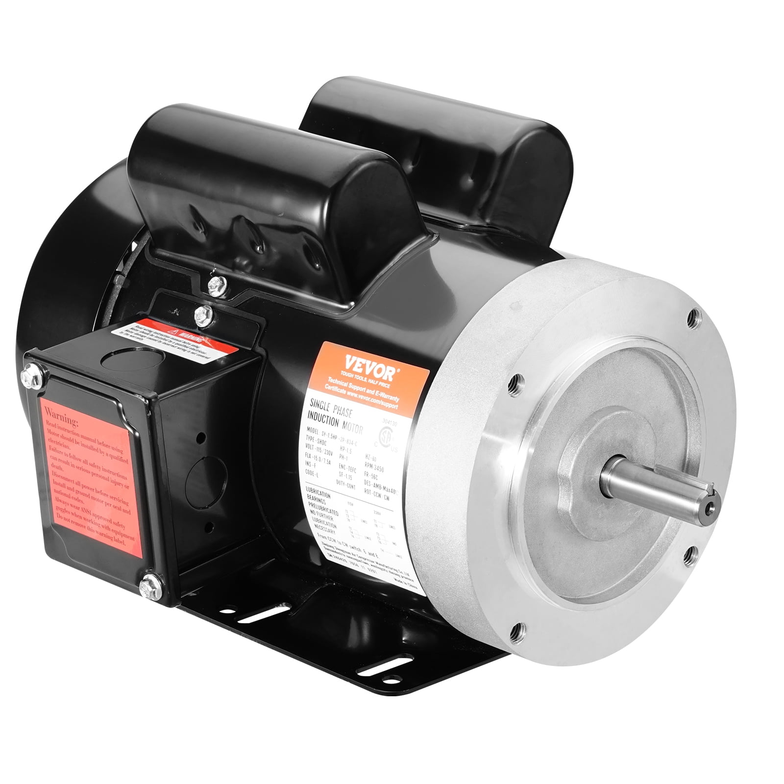 VEVOR 1.5HP Electric Motor 3450 rpm, AC 115V/230V, 56C Frame, Air ...