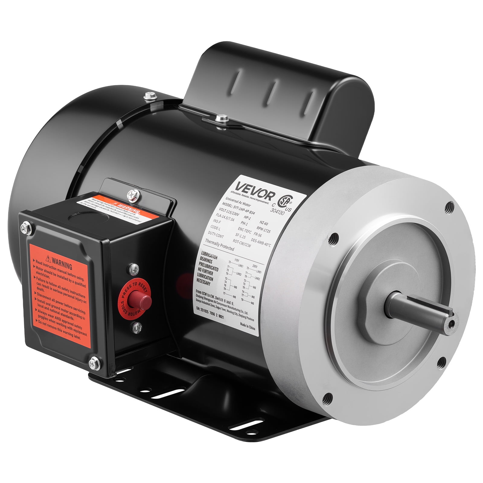 VEVOR 1 HP Electric Motor, 1725RPM Air Compressor Motor, CW/CCW ...