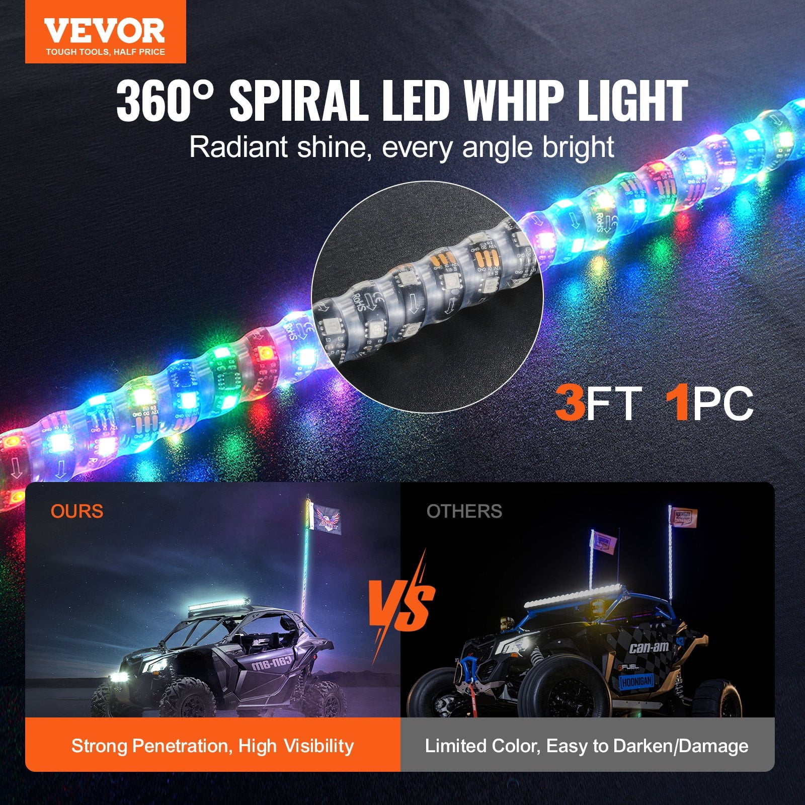 VEVOR 1 PC 3 FT Whip Light, APP RF Remote Control Led Whip Light ...