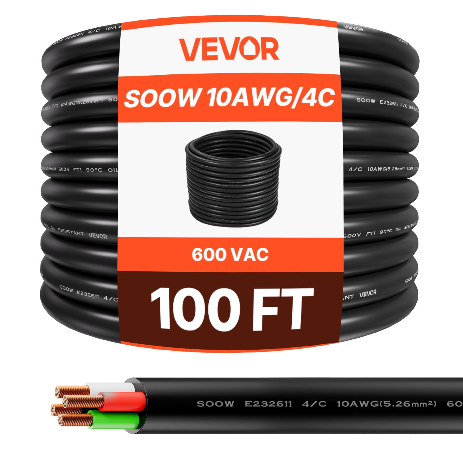 VEVOR 100 FT 10AWG Portable Power Cable (4 Conductor), Heavy Duty 600V ...