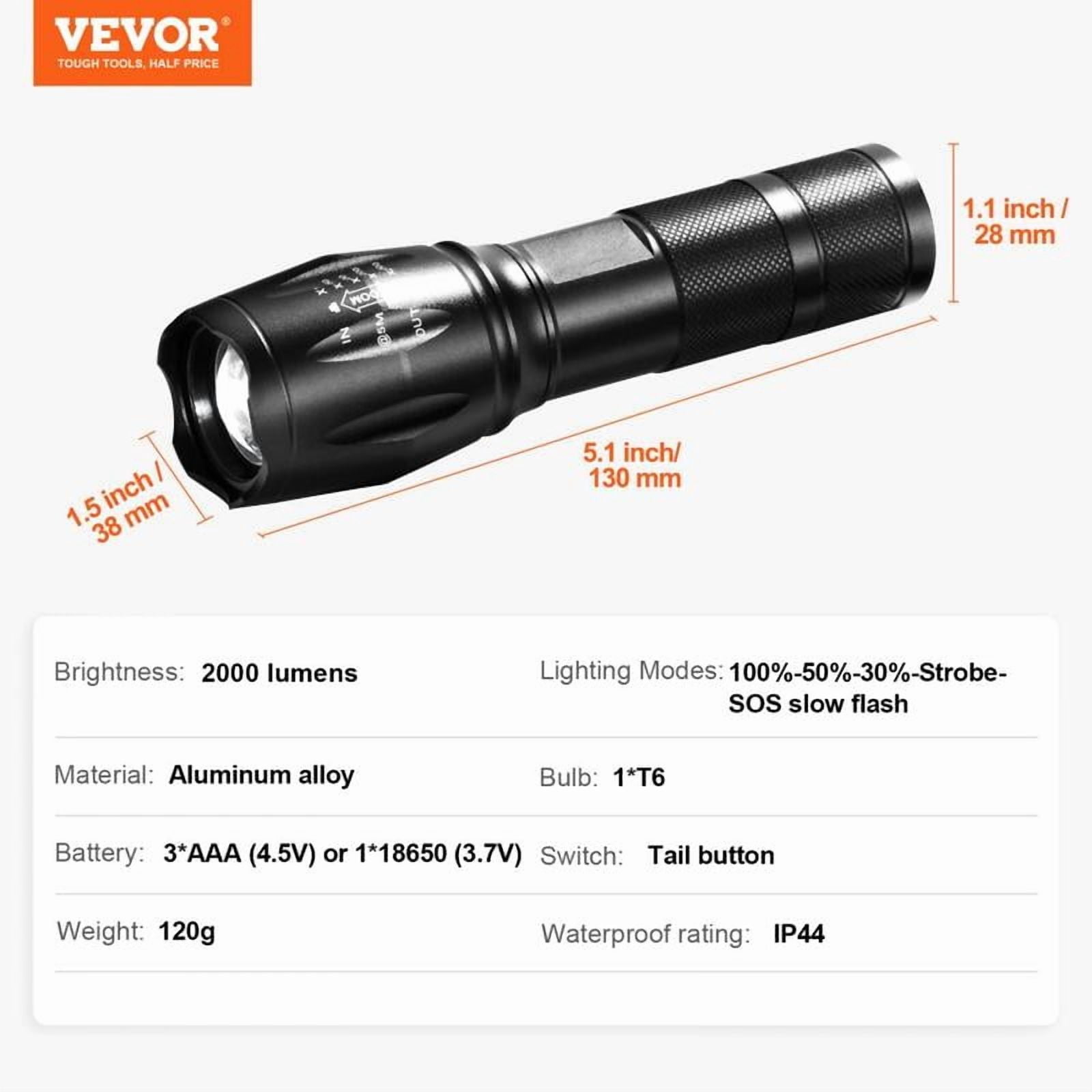 VEVOR 10000 High Lumens Flashlight, 5 Lighting Modes LED Rechargeable ...