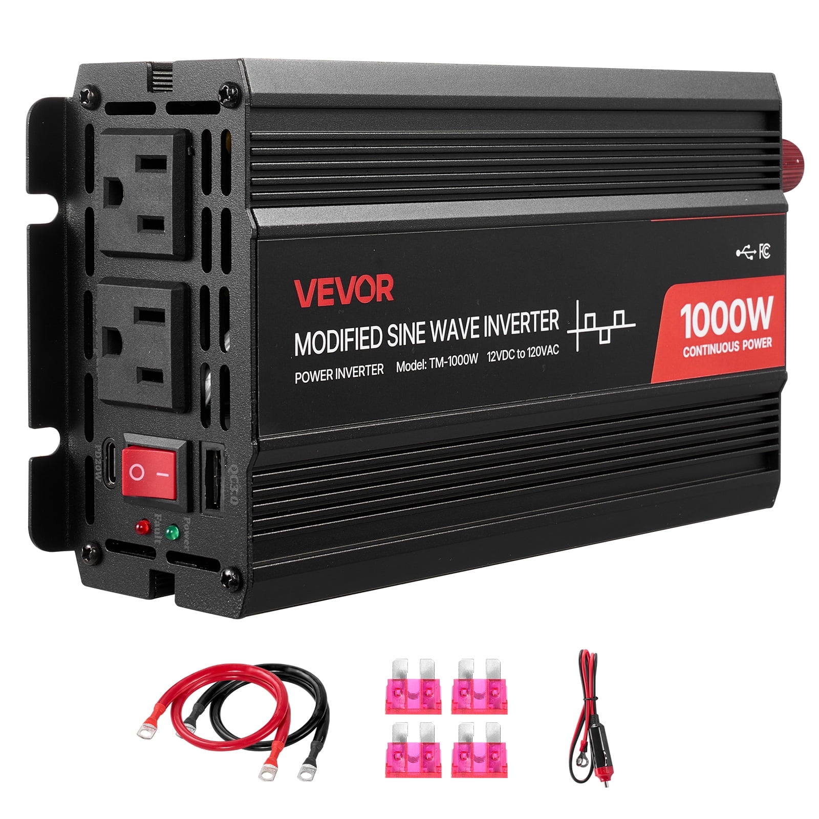 VEVOR 1000W Power Inverter, 12V DC to 120V AC Modified Sine Wave ...