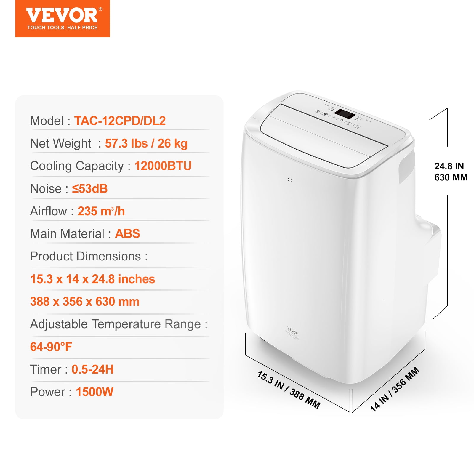 VEVOR 12,000 BTU Portable Air Conditioners 3-in-1 for AC Unit for 550 ...