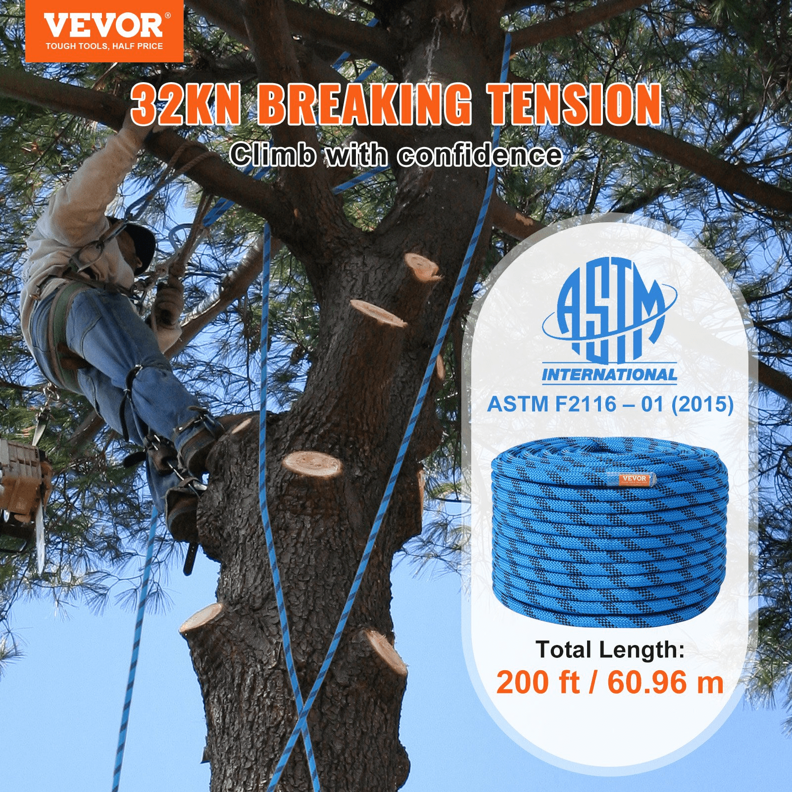 VEVOR 12.7mm Static Climbing Rope, 60.9M(200ft) Outdoor Rock Climbing ...