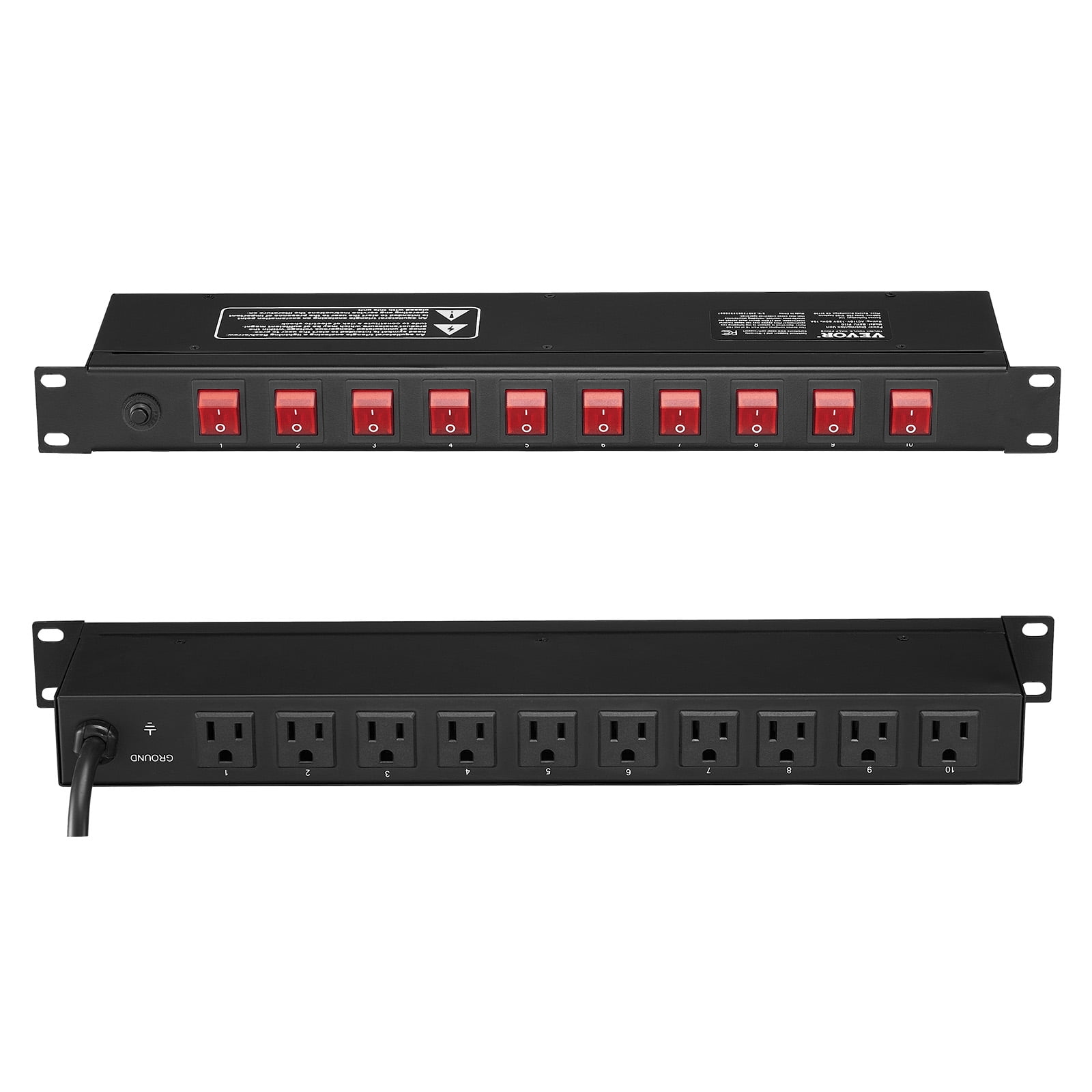 VEVOR 1U PDU, 10 Outlets, Rack Mount Power Strip Fits Standard 19 ...
