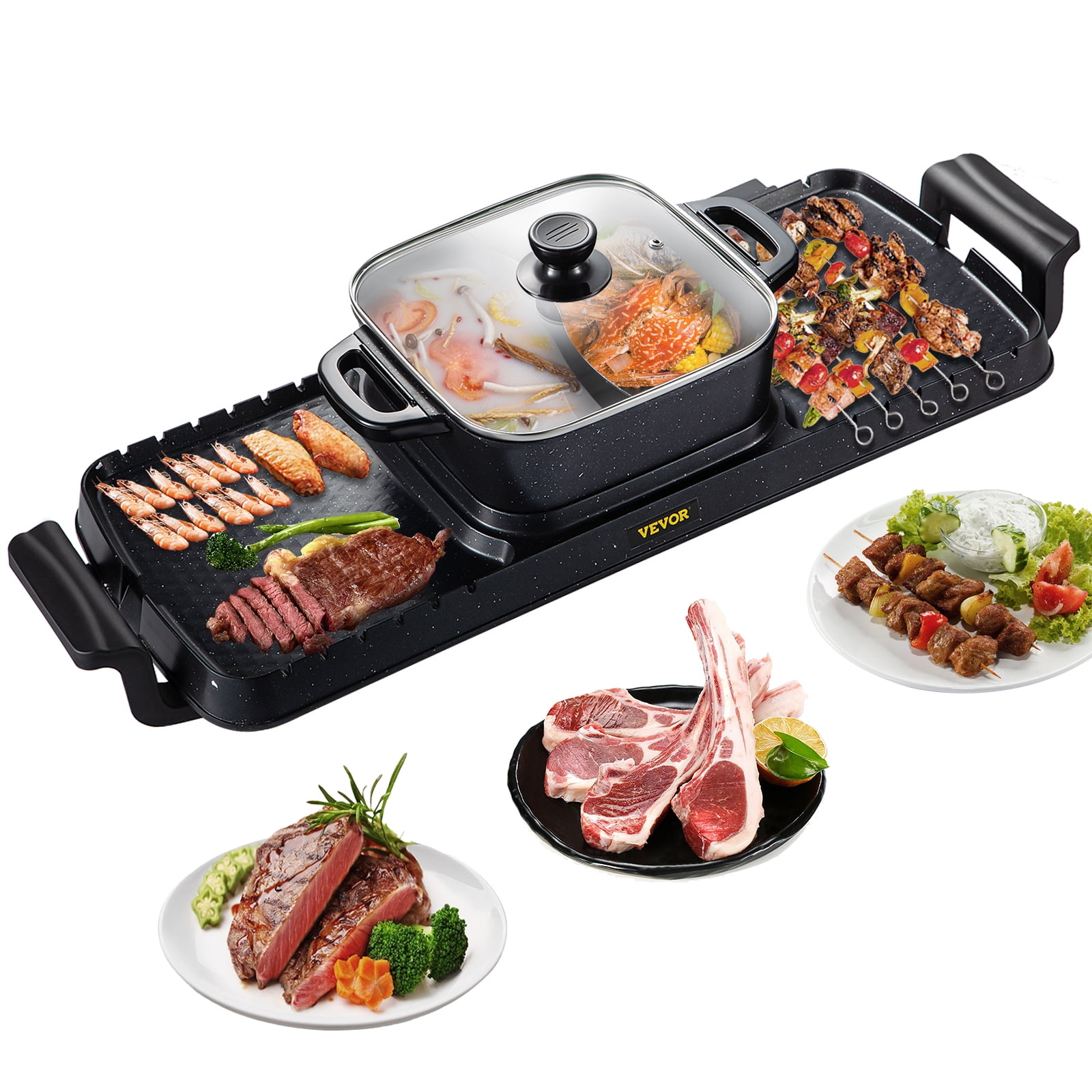 VEVOR 2 in 1 Electric Grill & Hot Pot, 2400W BBQ Pan, Dual Temp Control, Nonstick for 1-8 People ...
