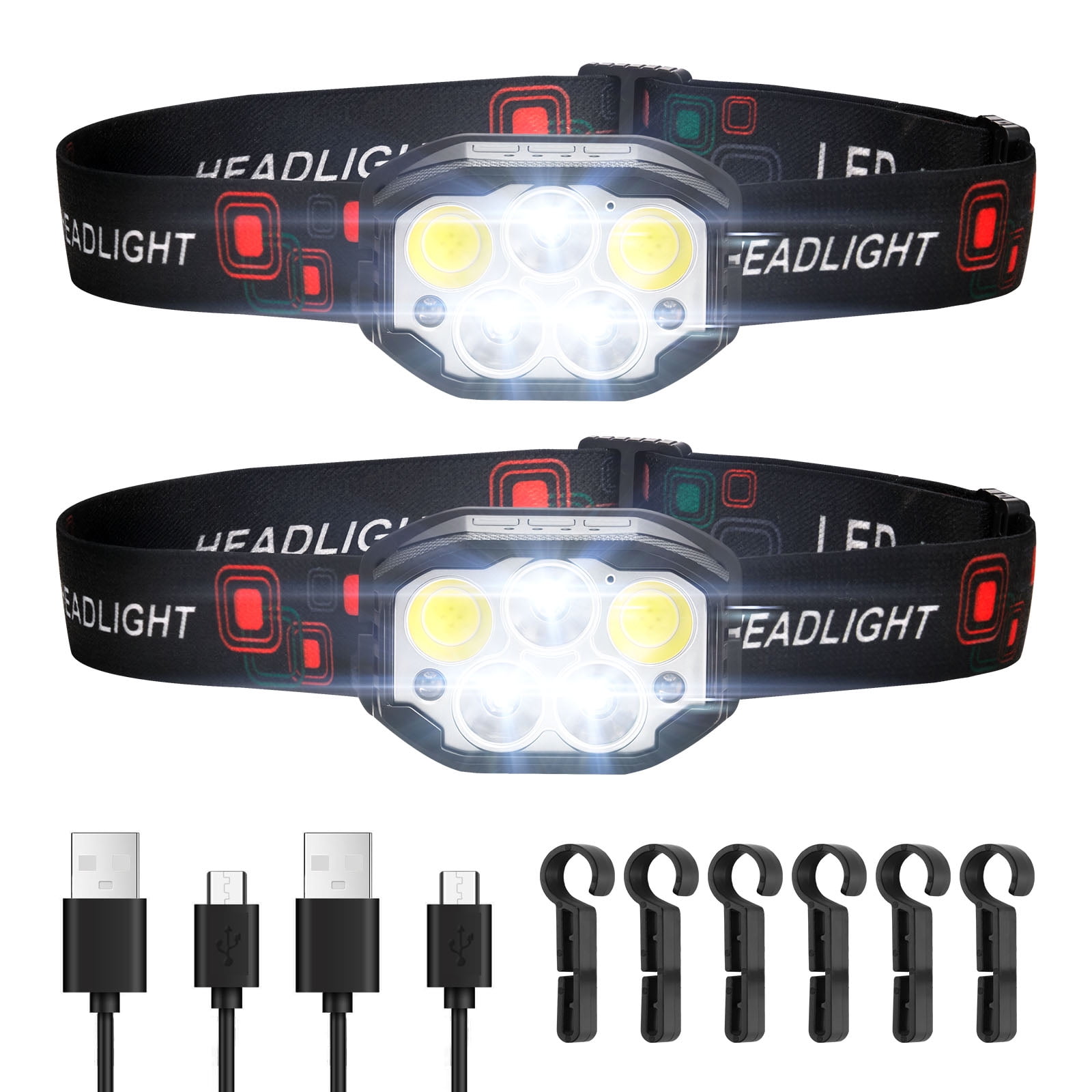 VEVOR 2 Pack Headlamps, Bright LED Rechargeable Headlight, Lightweight ...