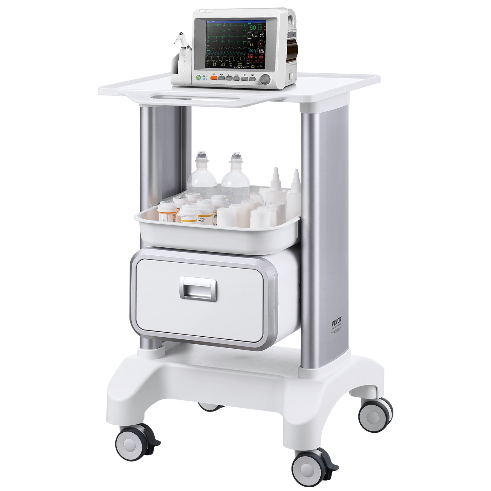VEVOR 2-Tier Lab Cart - Mobile Medical Cart with Drawer & Top Tray ...