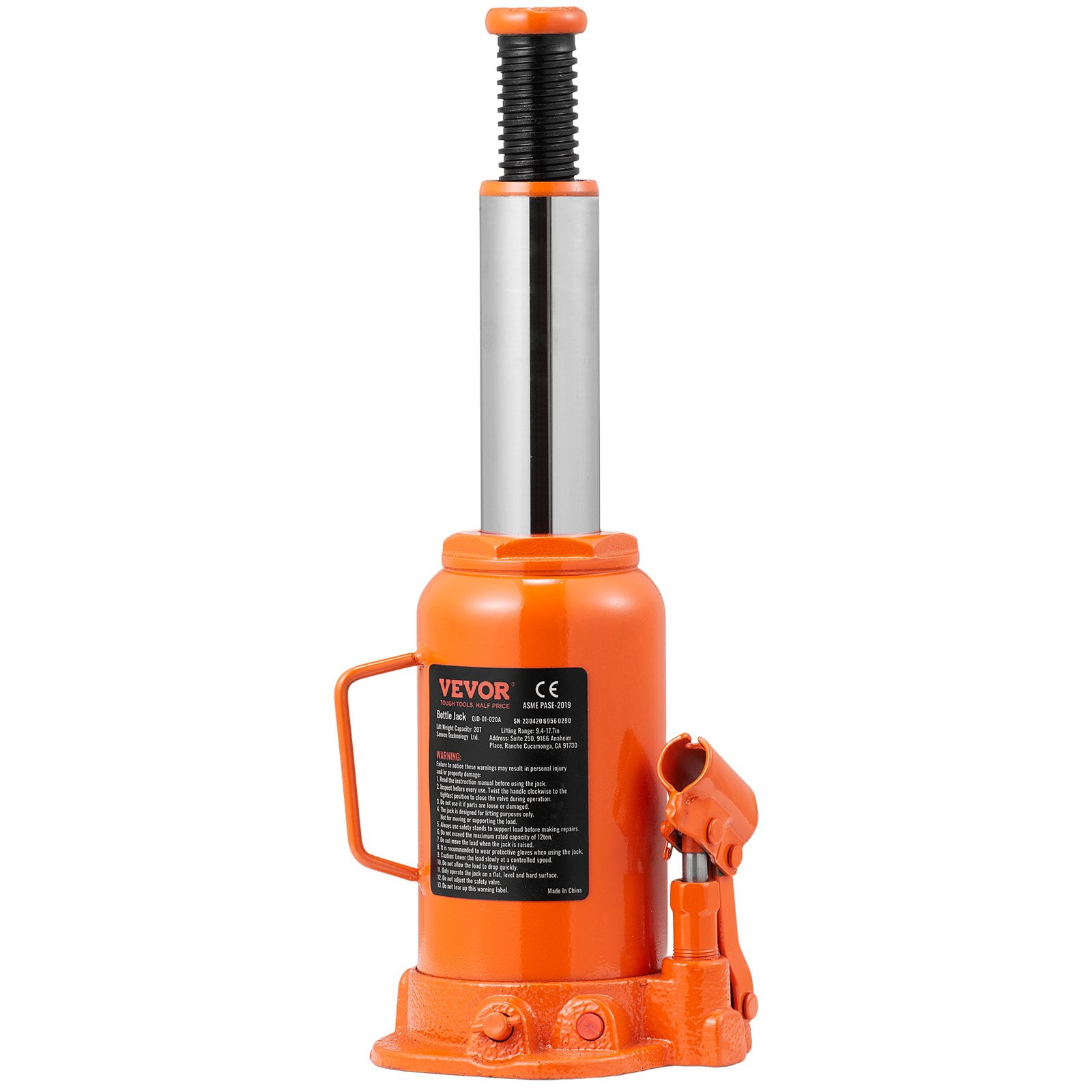 VEVOR 20 Ton Hydraulic Bottle Jack – 44,092 lbs Capacity, 7.5"-14" Lift ...