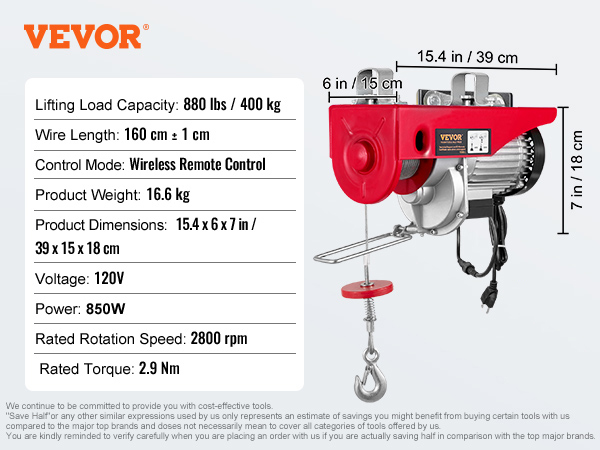 VEVOR 200-800kg Electric Hoist with Wired/Wireless Remote Control ...