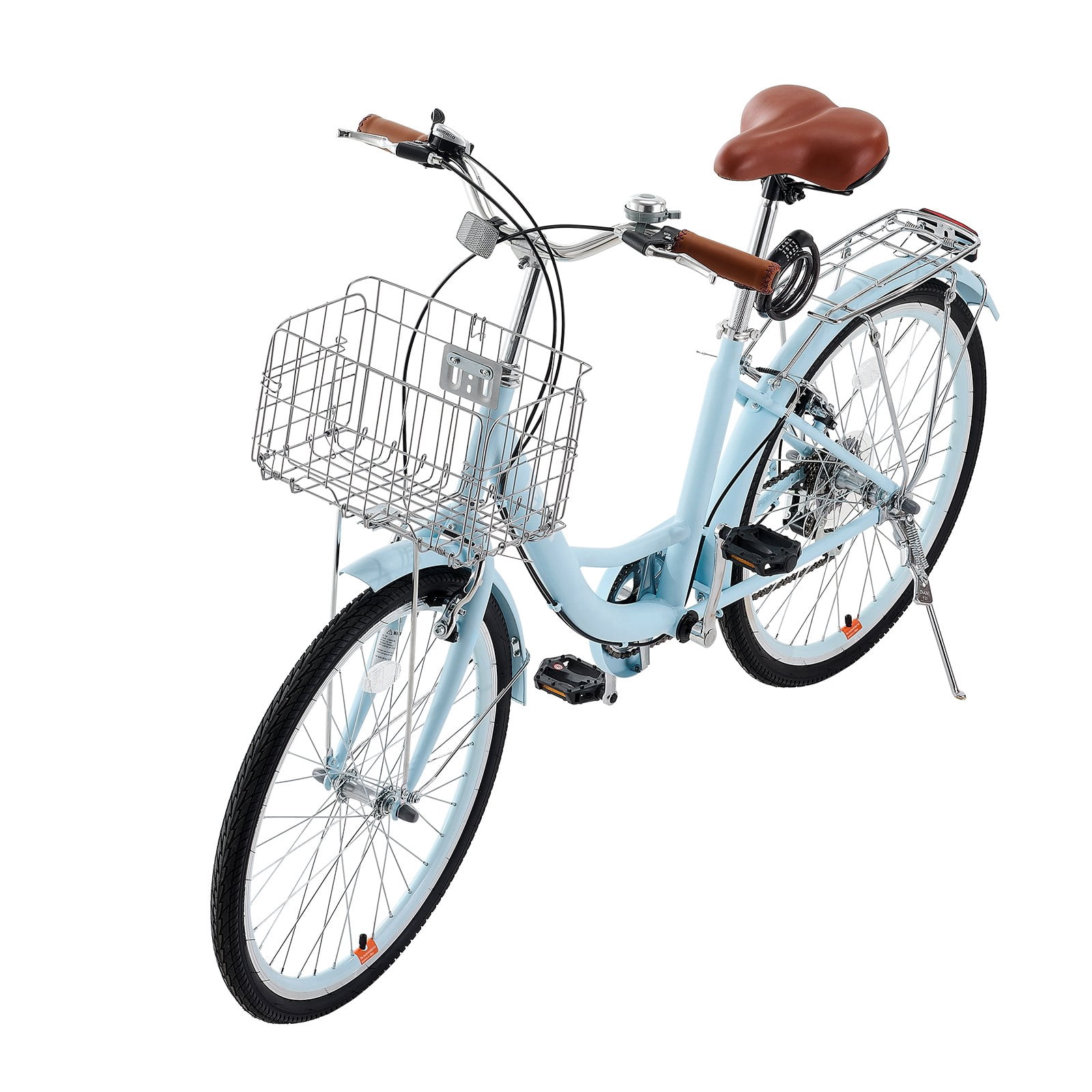VEVOR 24-Inch 7-Speed Light Blue Beach Cruiser Bike with Basket ...