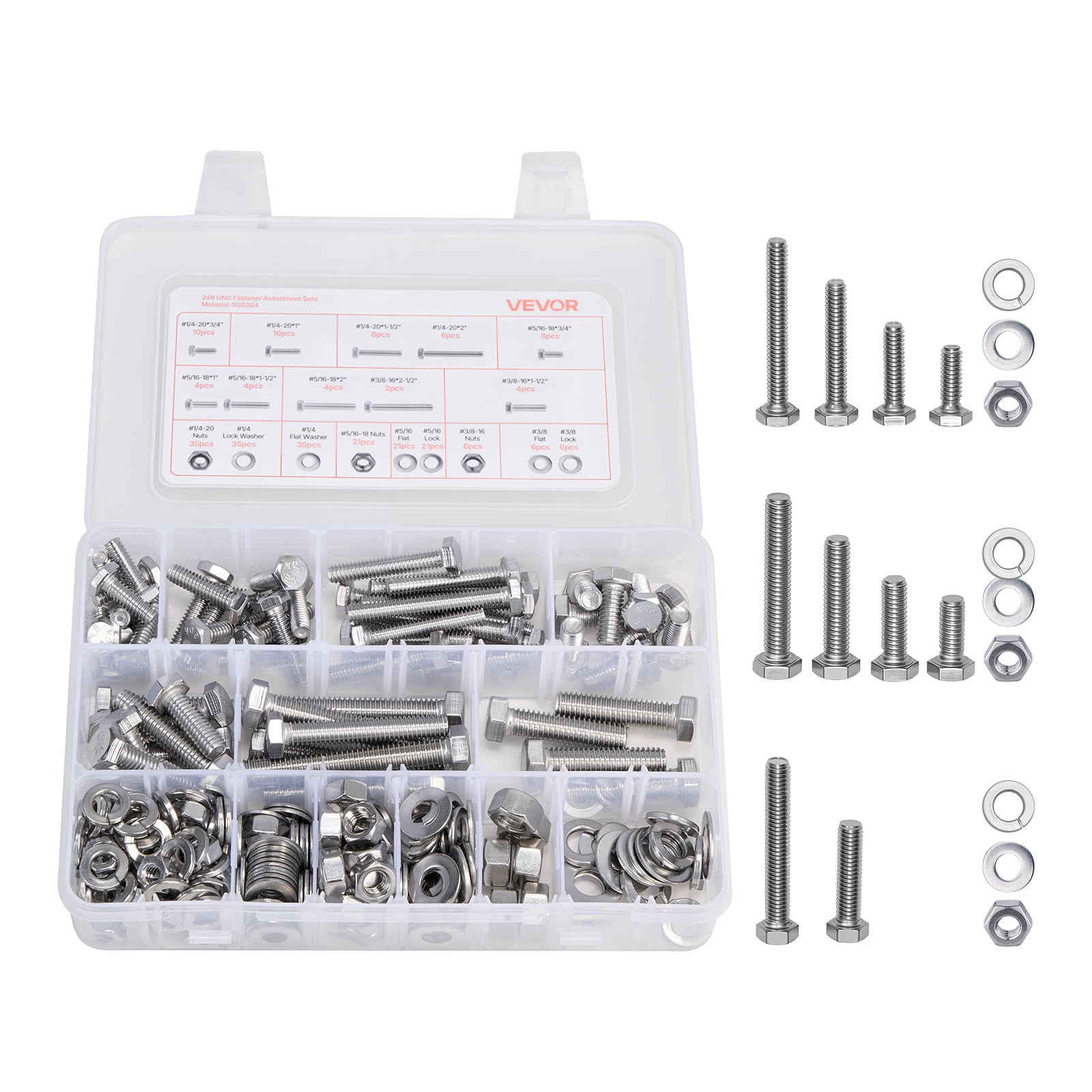 VEVOR 246 Pcs Bolts and Nuts Assortment Kit, Imperial Screws and Flat ...