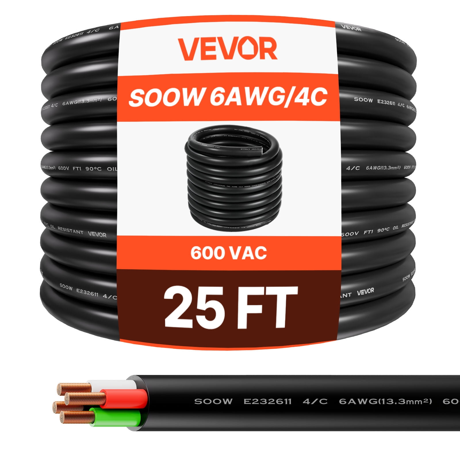 VEVOR 25 FT 6AWG Portable Power Cable (4 Conductor), Heavy Duty 600V ...