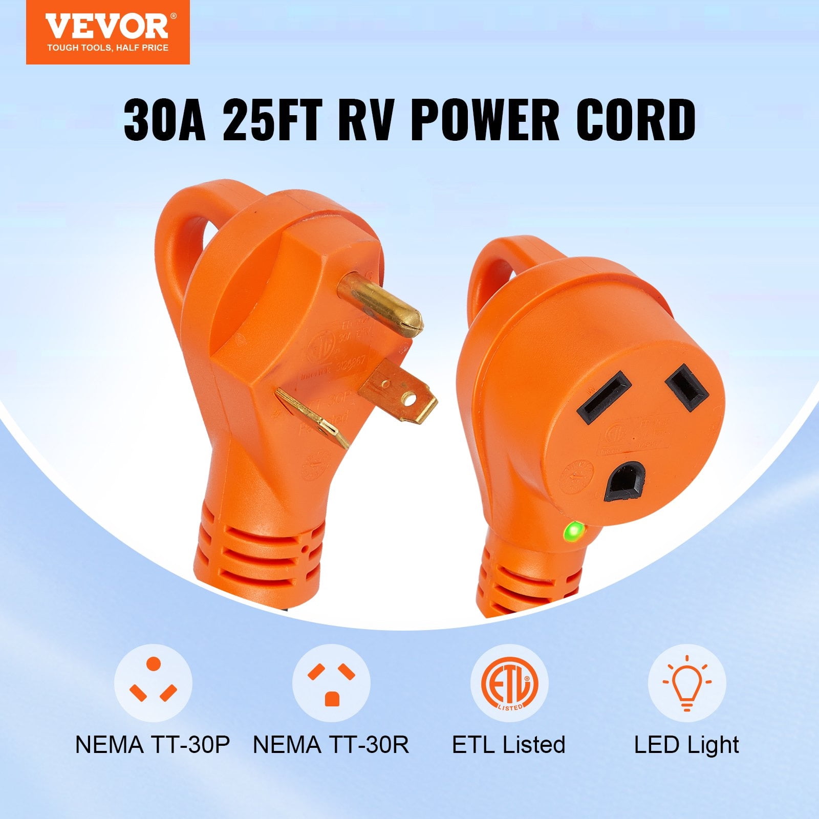 VEVOR 25 ft RV Extension Cord, 30 Amp, Heavy Duty STW RV Power Cord, NEMA TT-30R Female NEMA TT ...