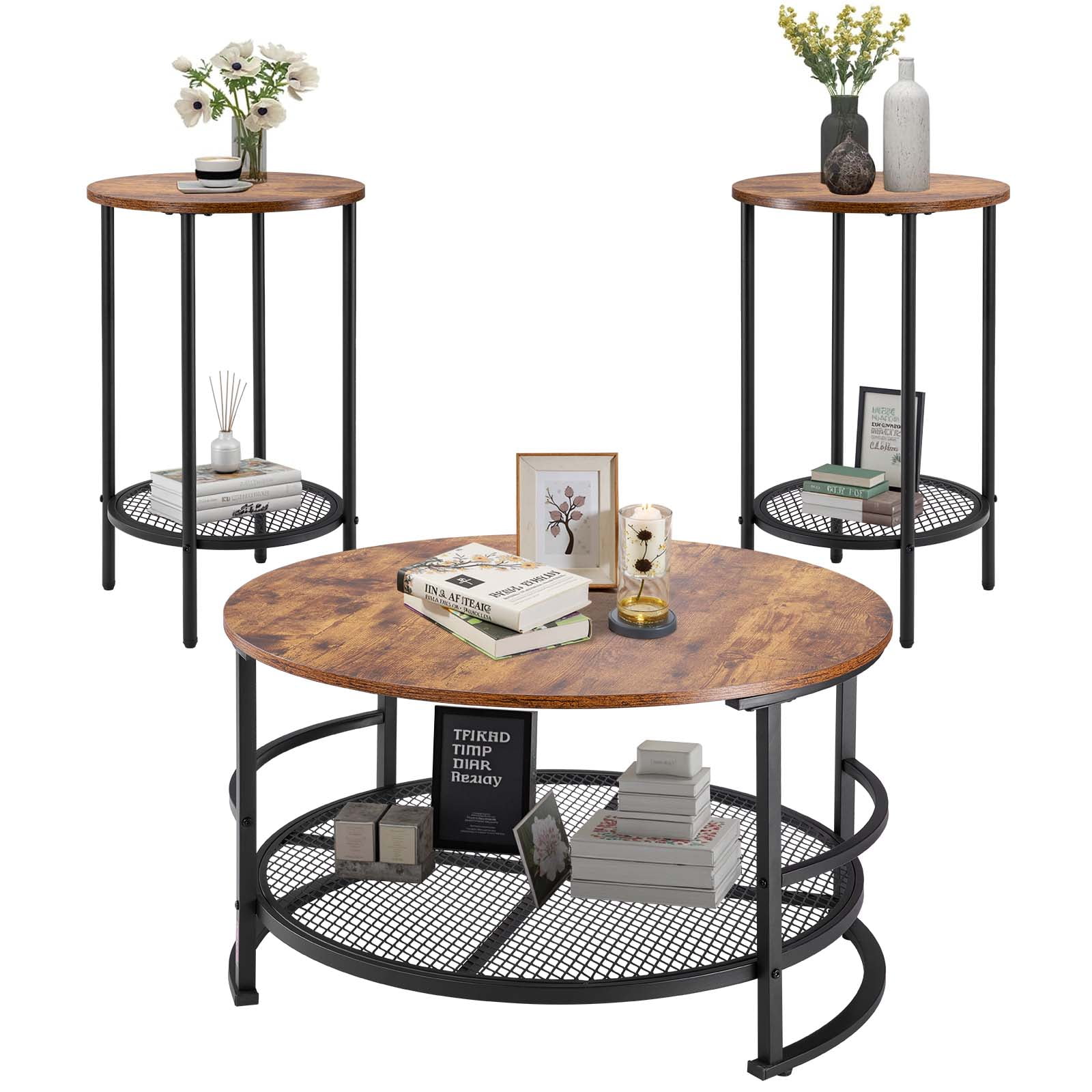 VEVOR 3 Pieces Round Coffee Table Sets, 31.5 in Industrial Living Room ...