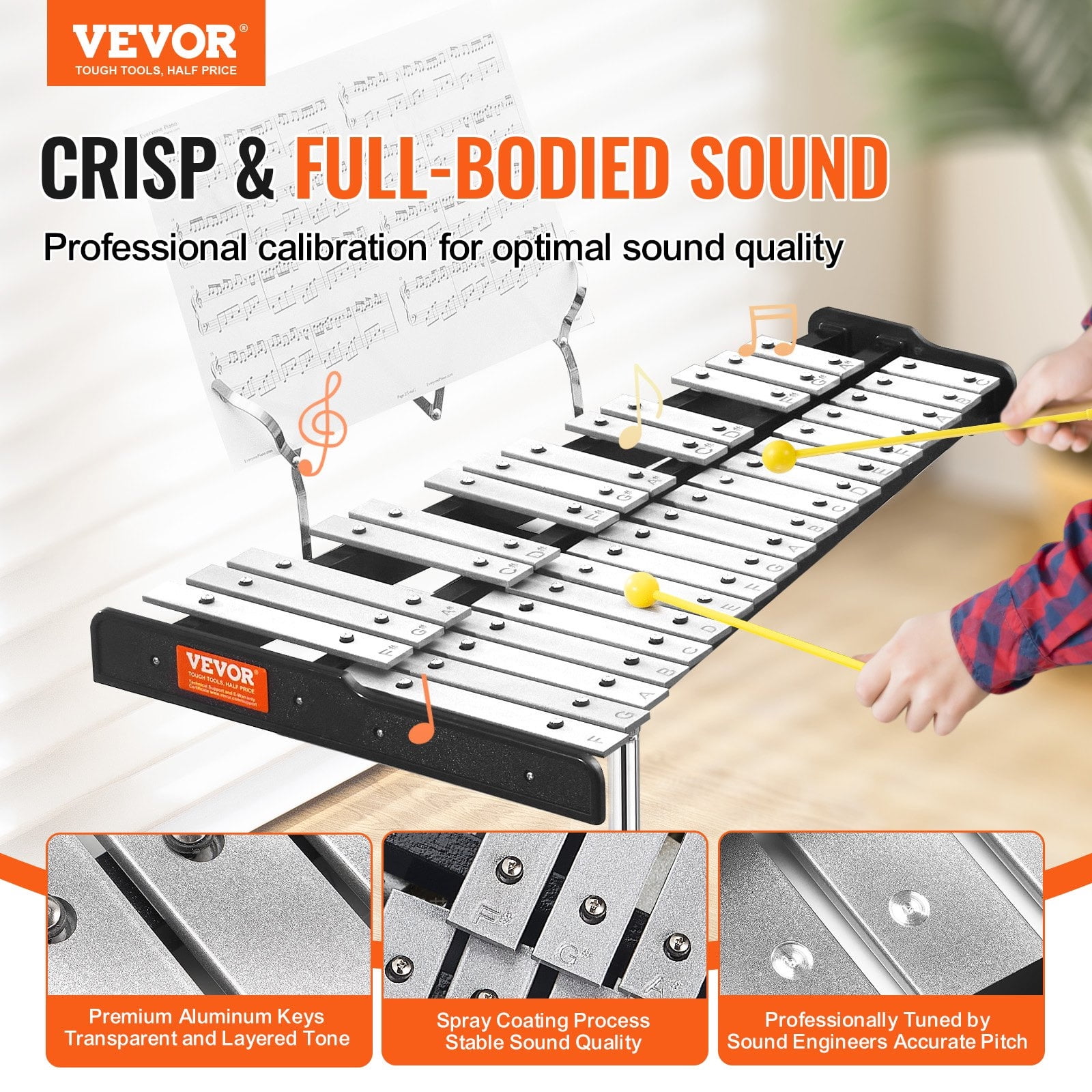 VEVOR 32 Note Glockenspiel Xylophone Bell Kit, Professional Percussion ...