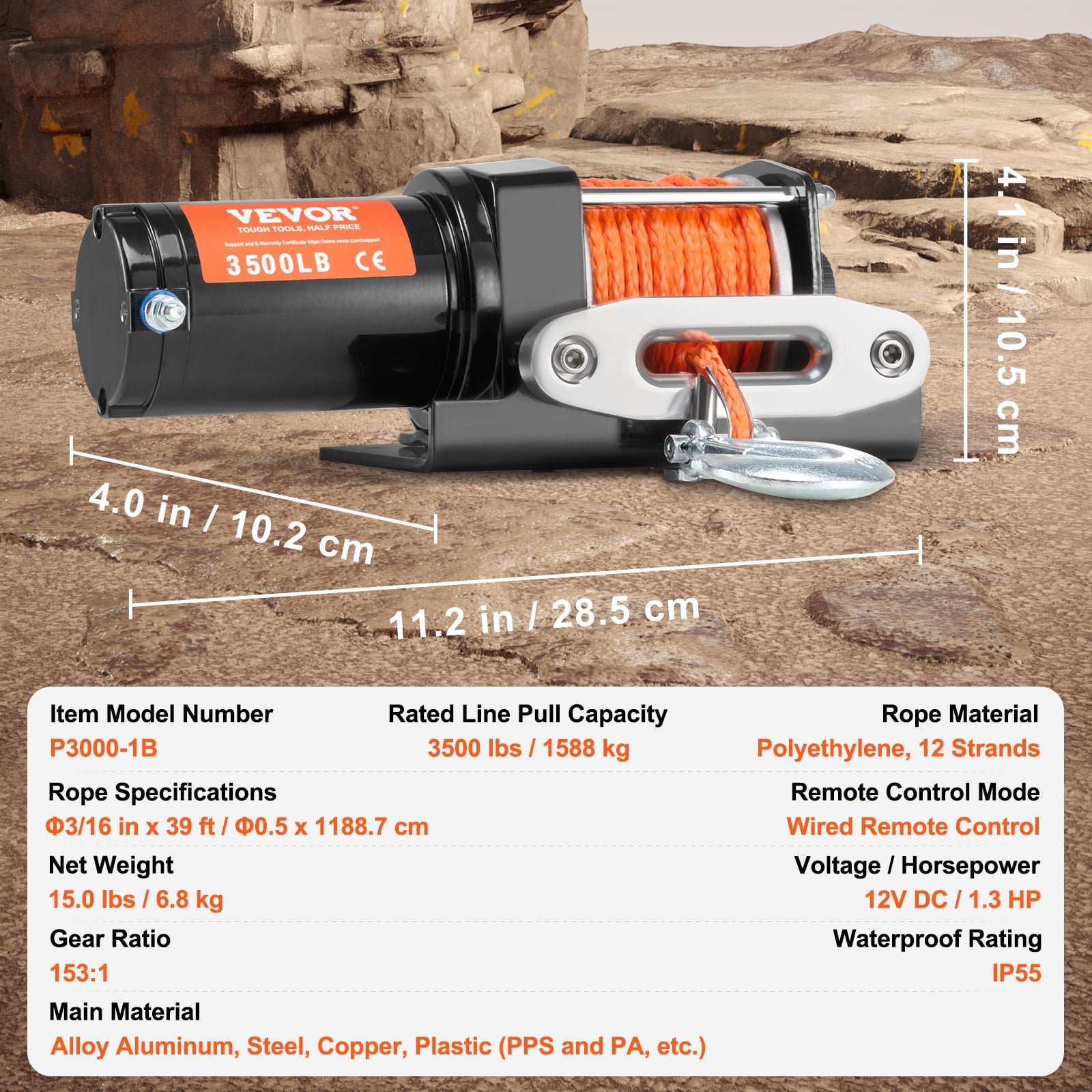 VEVOR 3500lbs Electric Winch ATV/UTV Wired Car Winch with 39 ft ...
