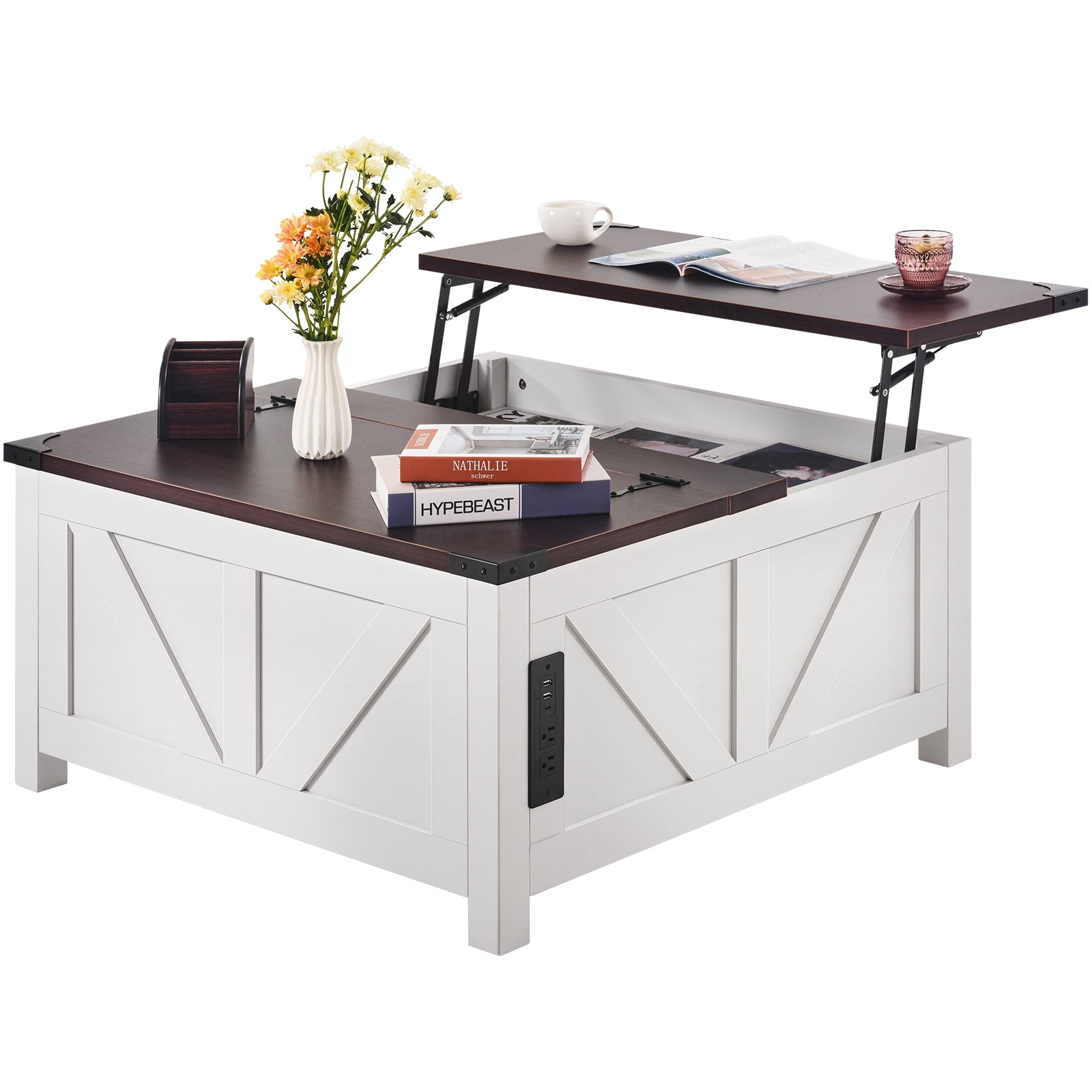 VEVOR 36" Farmhouse Coffee Table, Hinged Lift Top Square Coffee Table ...