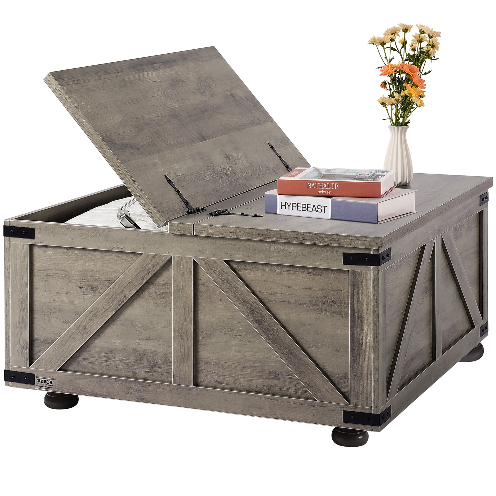 VEVOR 36" Farmhouse Coffee Table, Hinged Square Coffee Table with Large ...