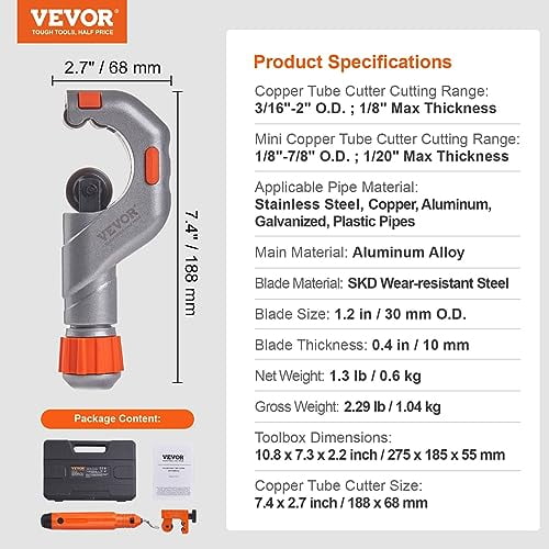 VEVOR 3PCS Tubing Cutter Set, 3/16"-2" O.D. Copper Pipe Cutter, 1/8"-7/ ...