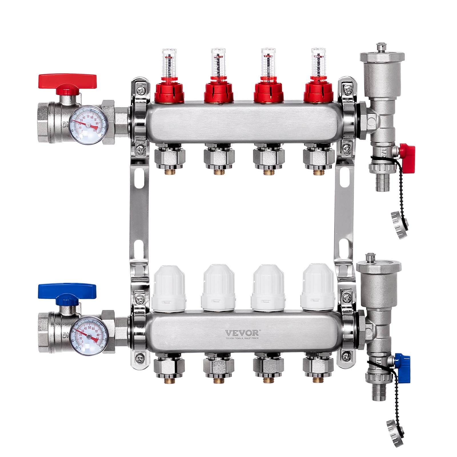 VEVOR 4-Branch Radiant Heat Manifold, 1/2" PEX Tubing Manifold ...